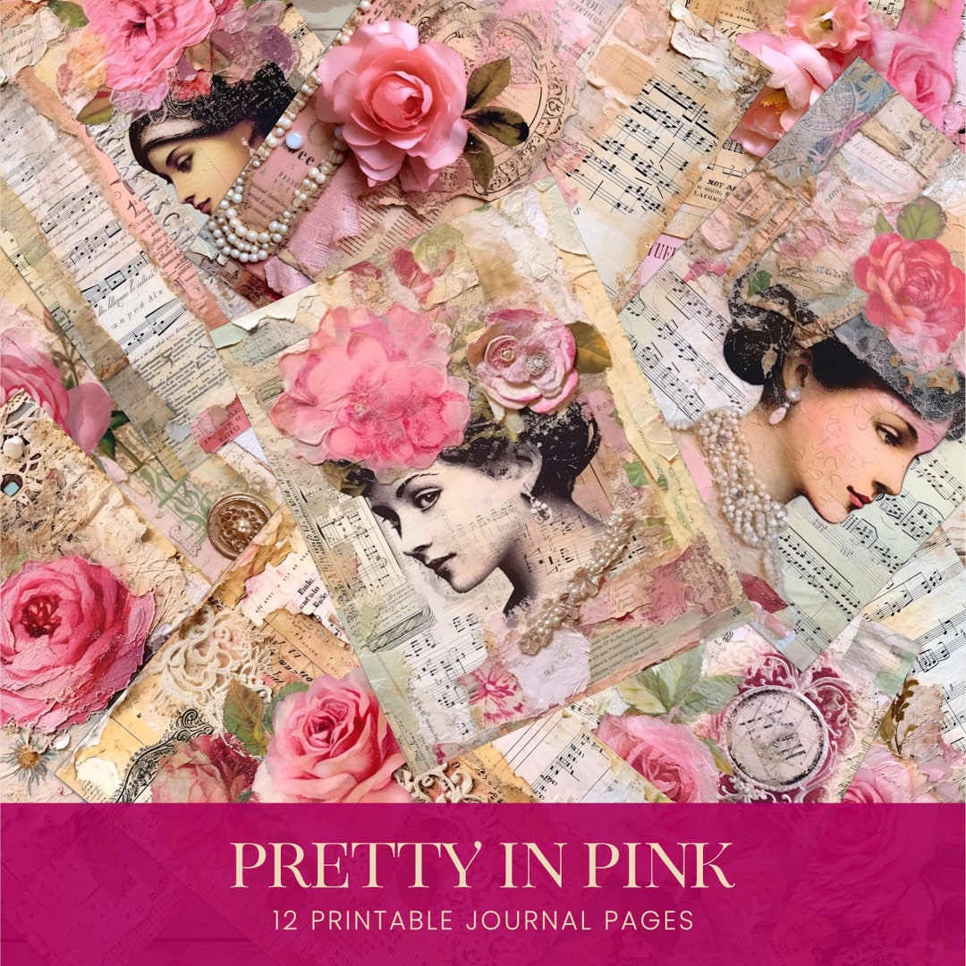 Pink Vintage Junk Journal Pages, Berry French Women Florals Digital ...