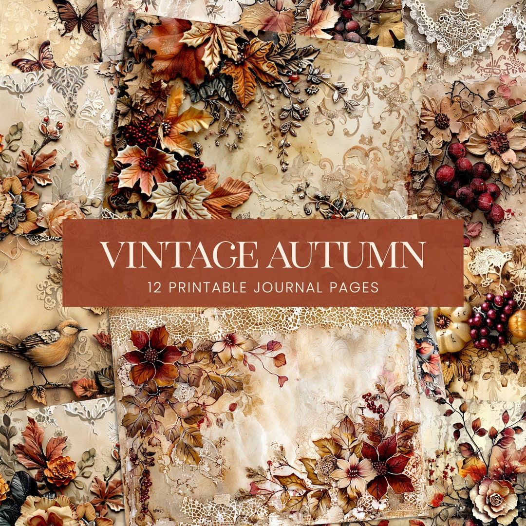 Vintage Autumn Journal Pages, Fall Floral Pumpkins Gourds Scrapbook ...