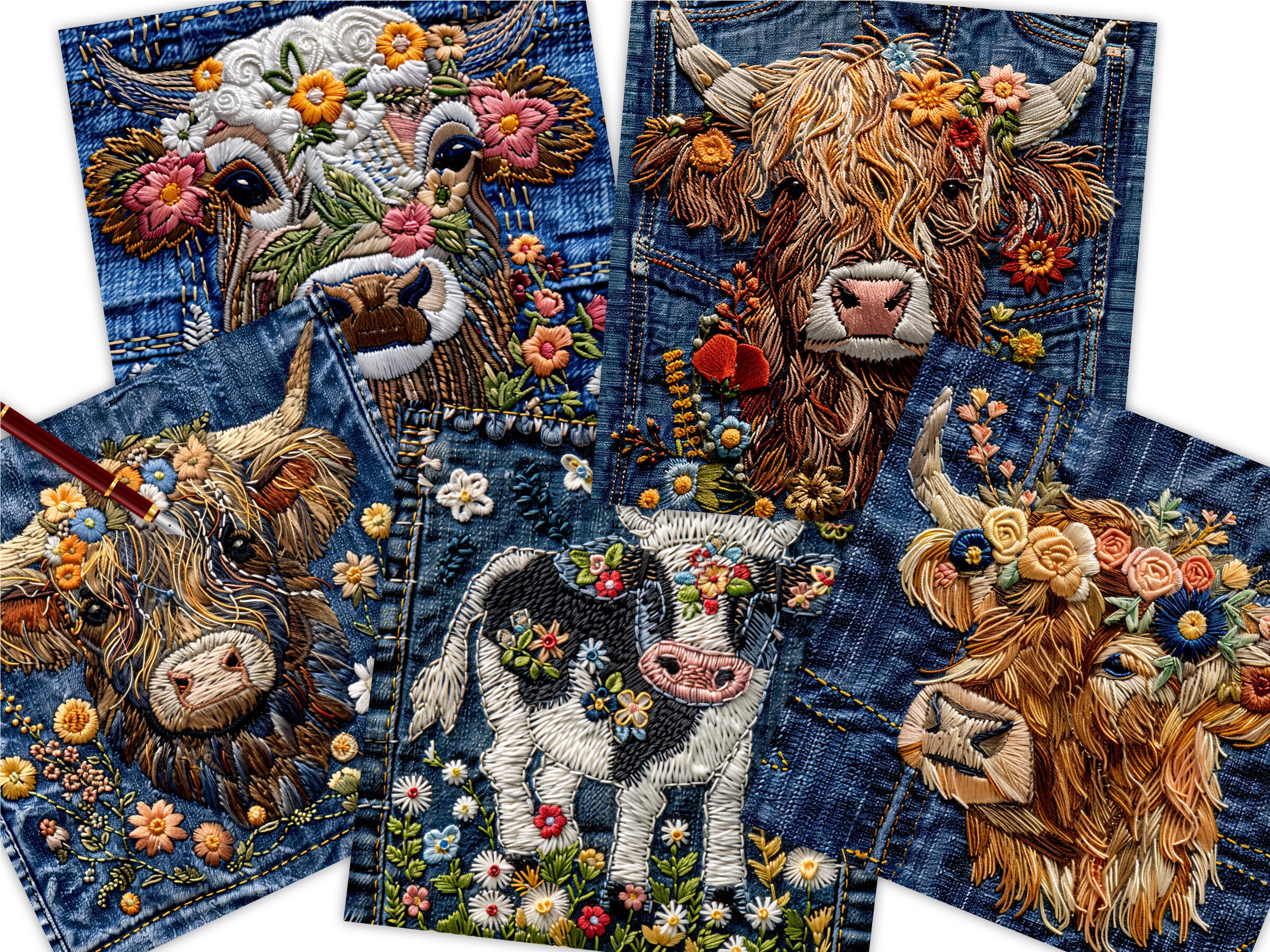 Embroidered Cows Denim Seamless Patterns, Cute Western Highland Cow on ...