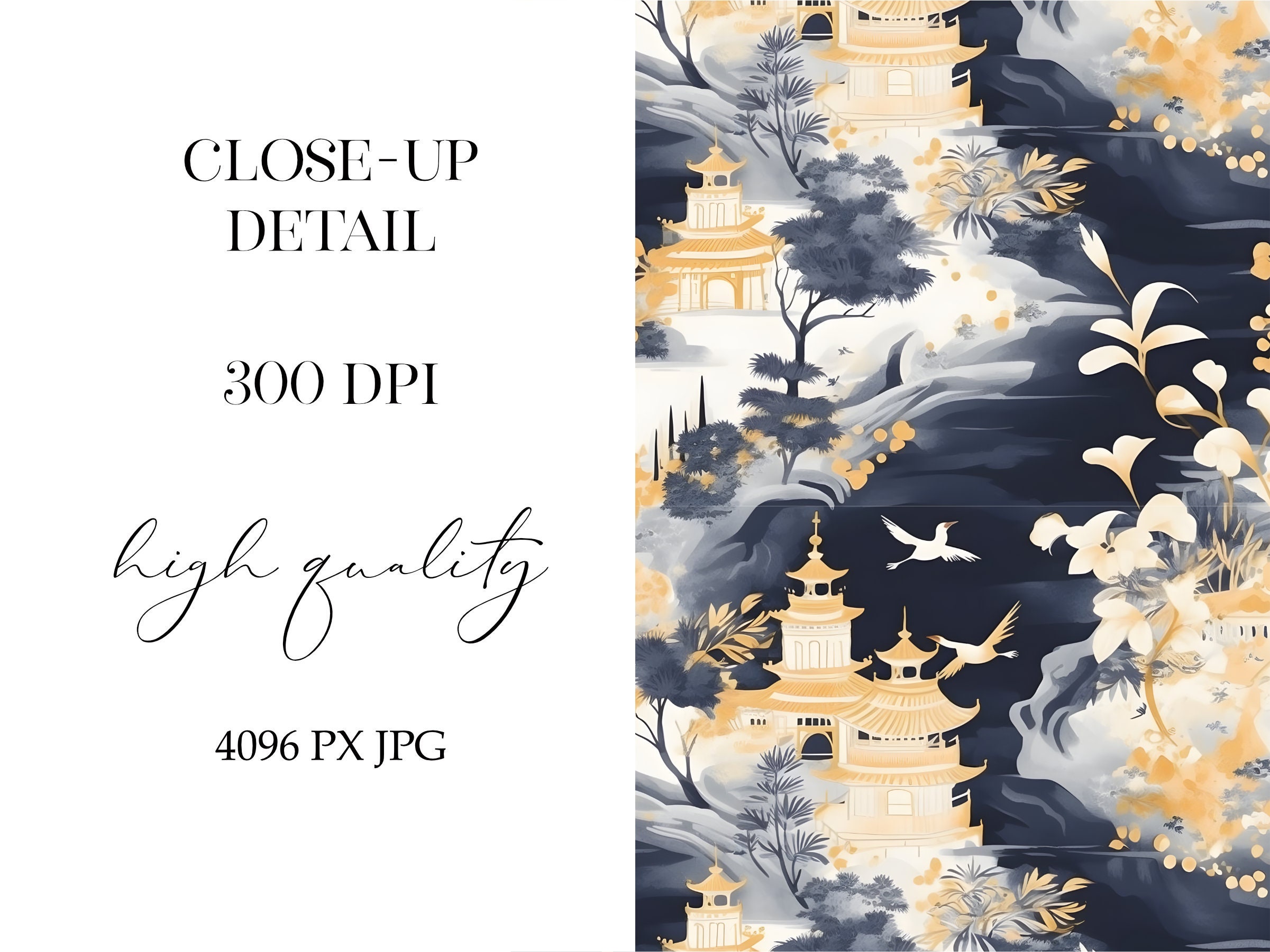 Dark Chinoiserie Digital Papers, Asian Art Scenes Seamless Patterns ...