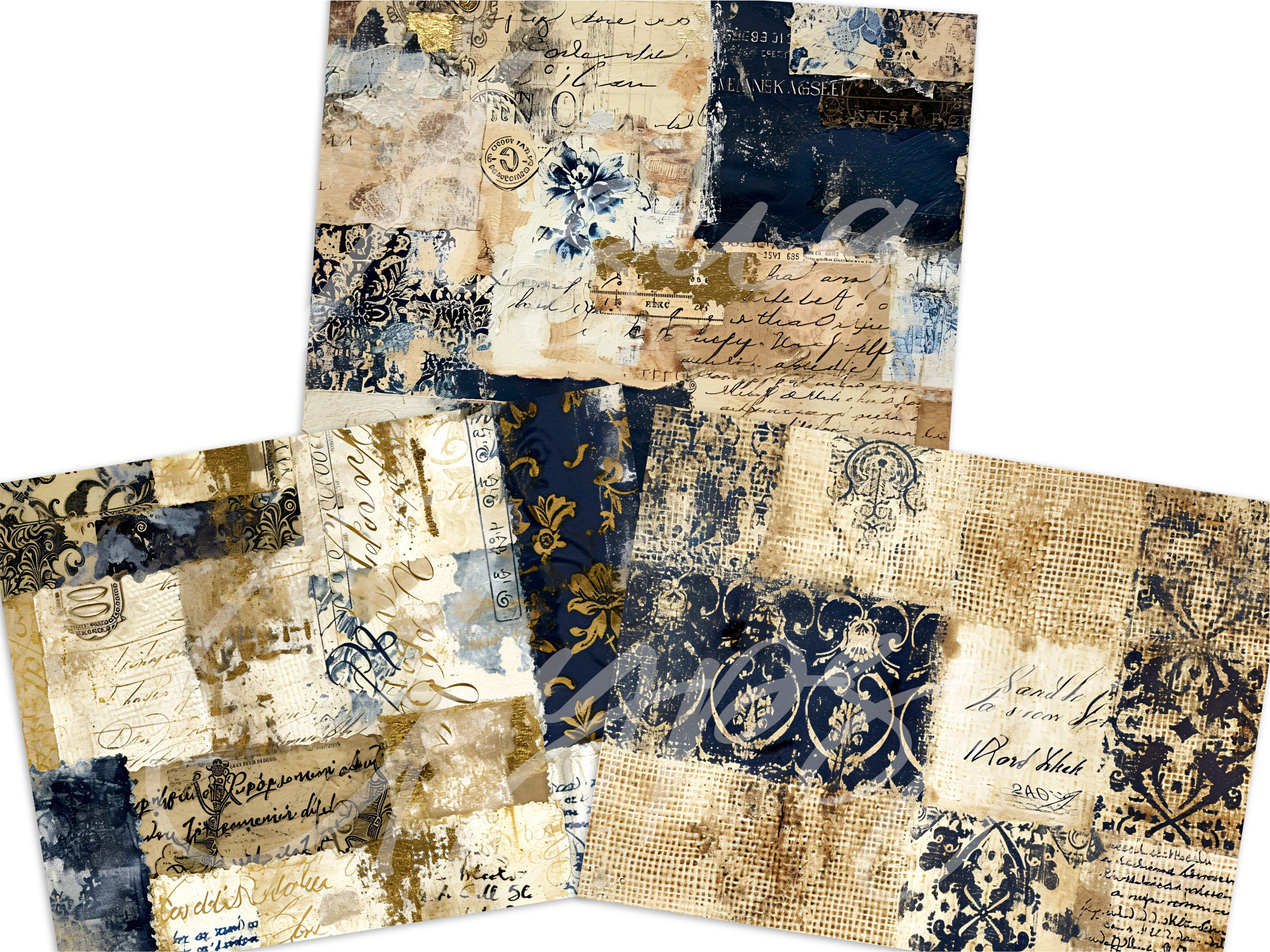 Navy Blue Junk Journal Scraps, Cream Gold Shabby Digital Papers, Grunge ...