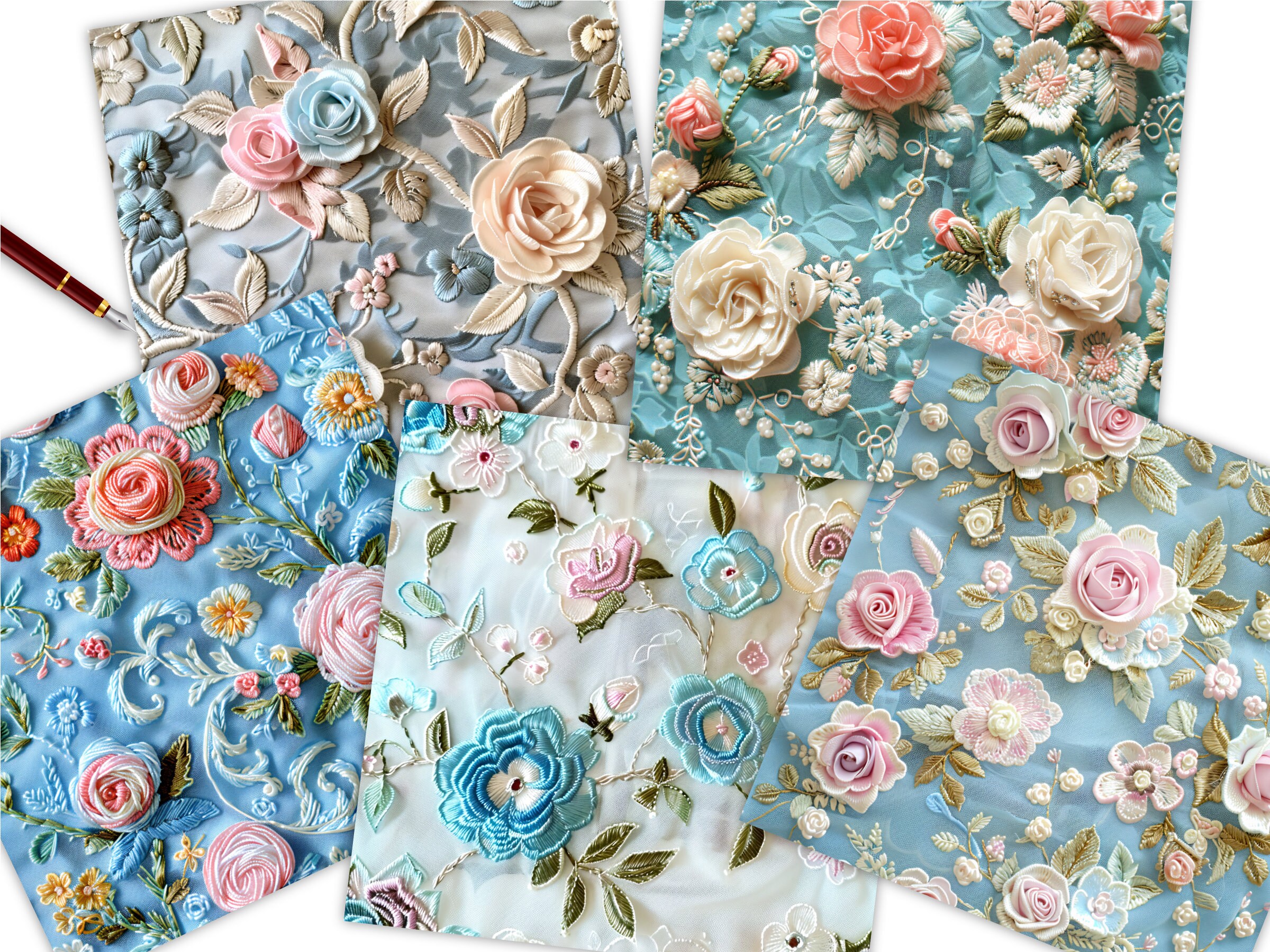 Princess Rosettes Seamless Patterns, Embroidered Blue Satin Printable ...