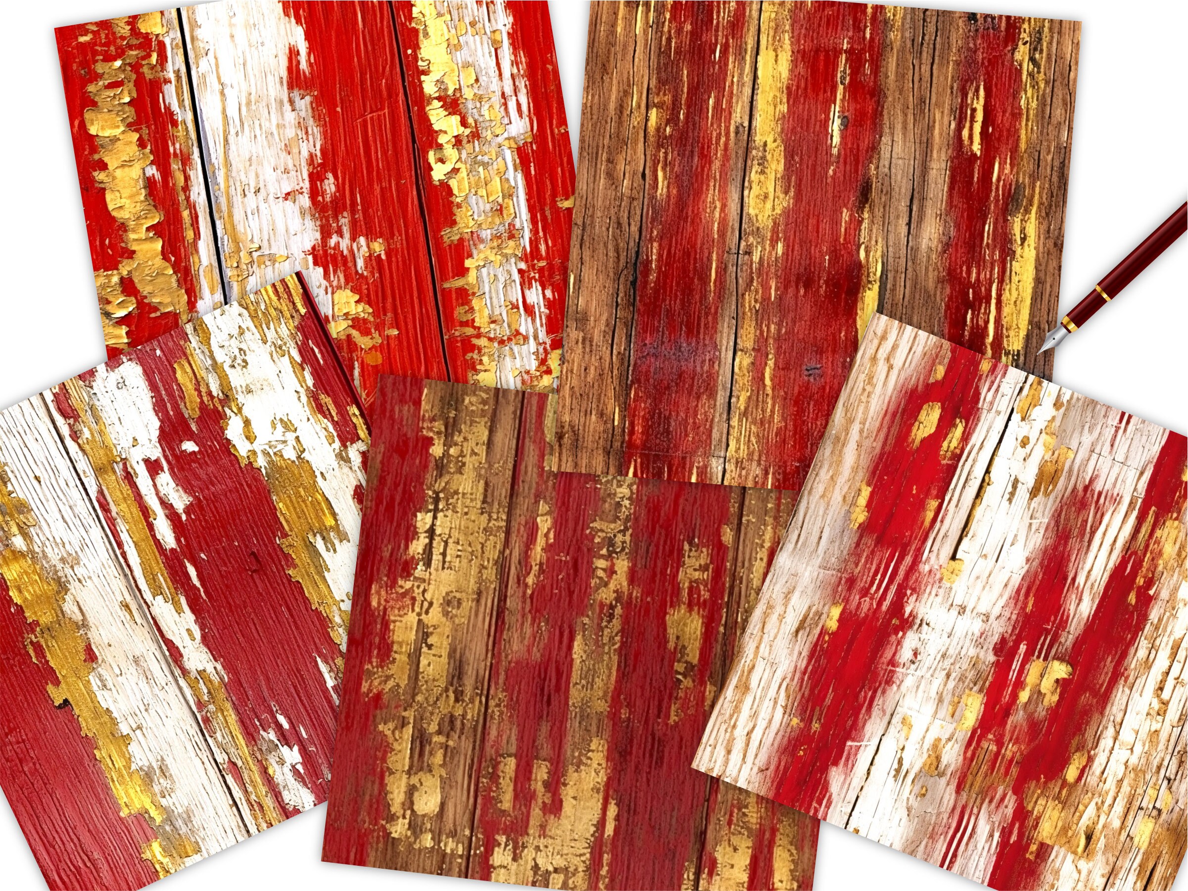 Red and Gold Wood Seamless Patterns, Rustic Crimson Painted Farmhouse ...