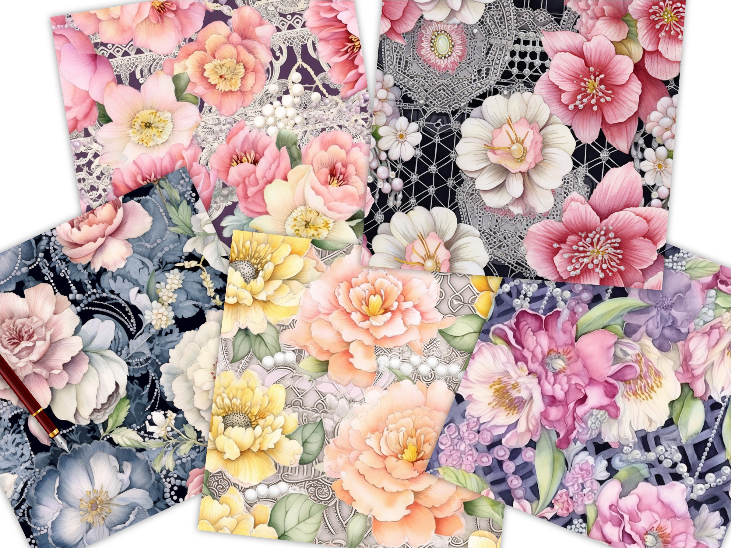 Flapper Girl Floral Seamless Patterns, Roaring 1920s Lace Pearls ...