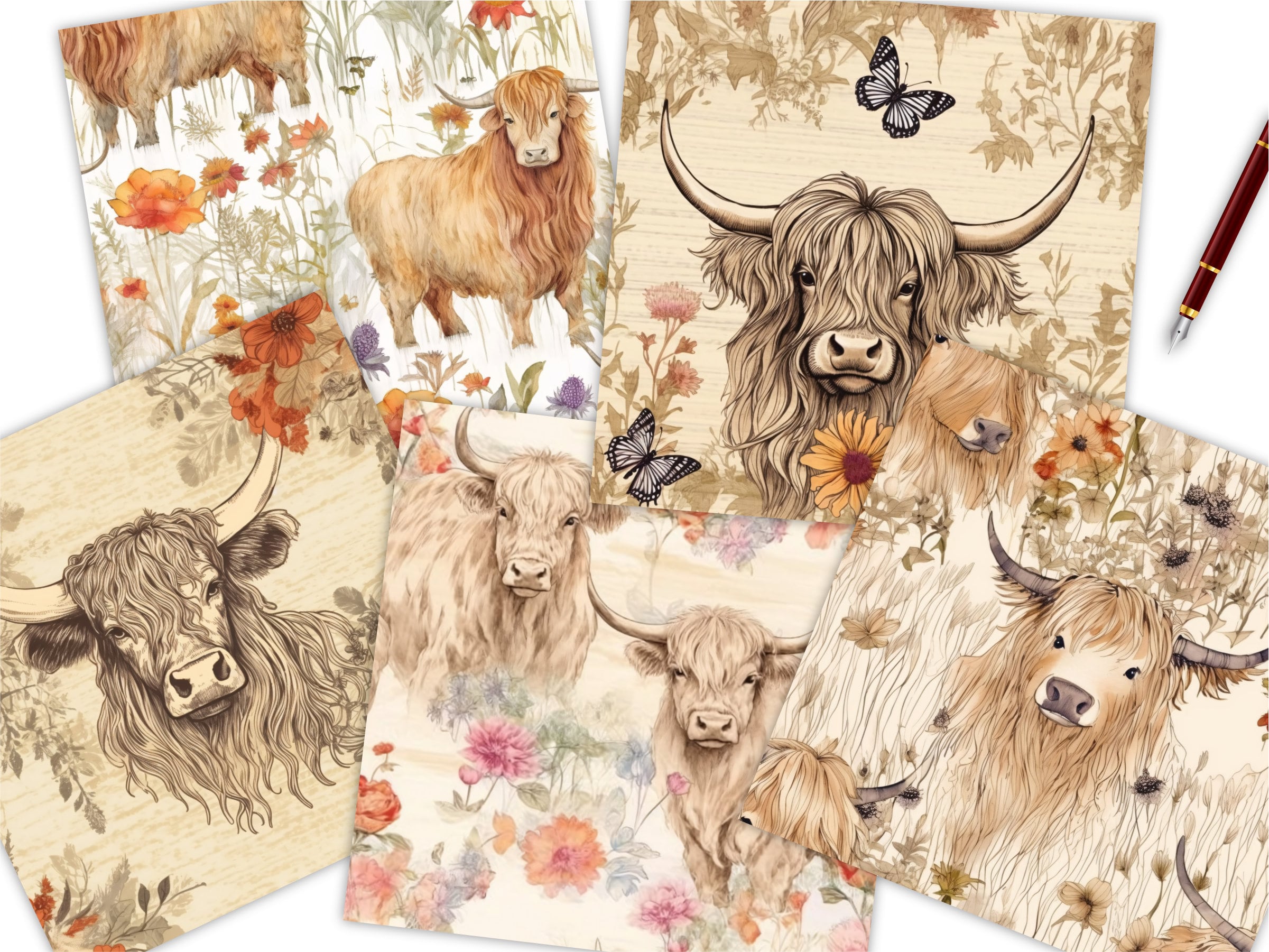 Highland Cows Seamless Patterns, Farm Animals Floral Digital Papers ...