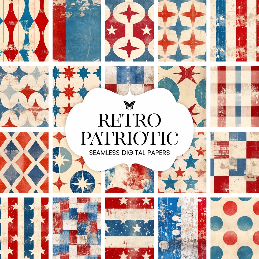 Retro Patriotic Seamless Patterns, Vintage America Graphics Digital ...