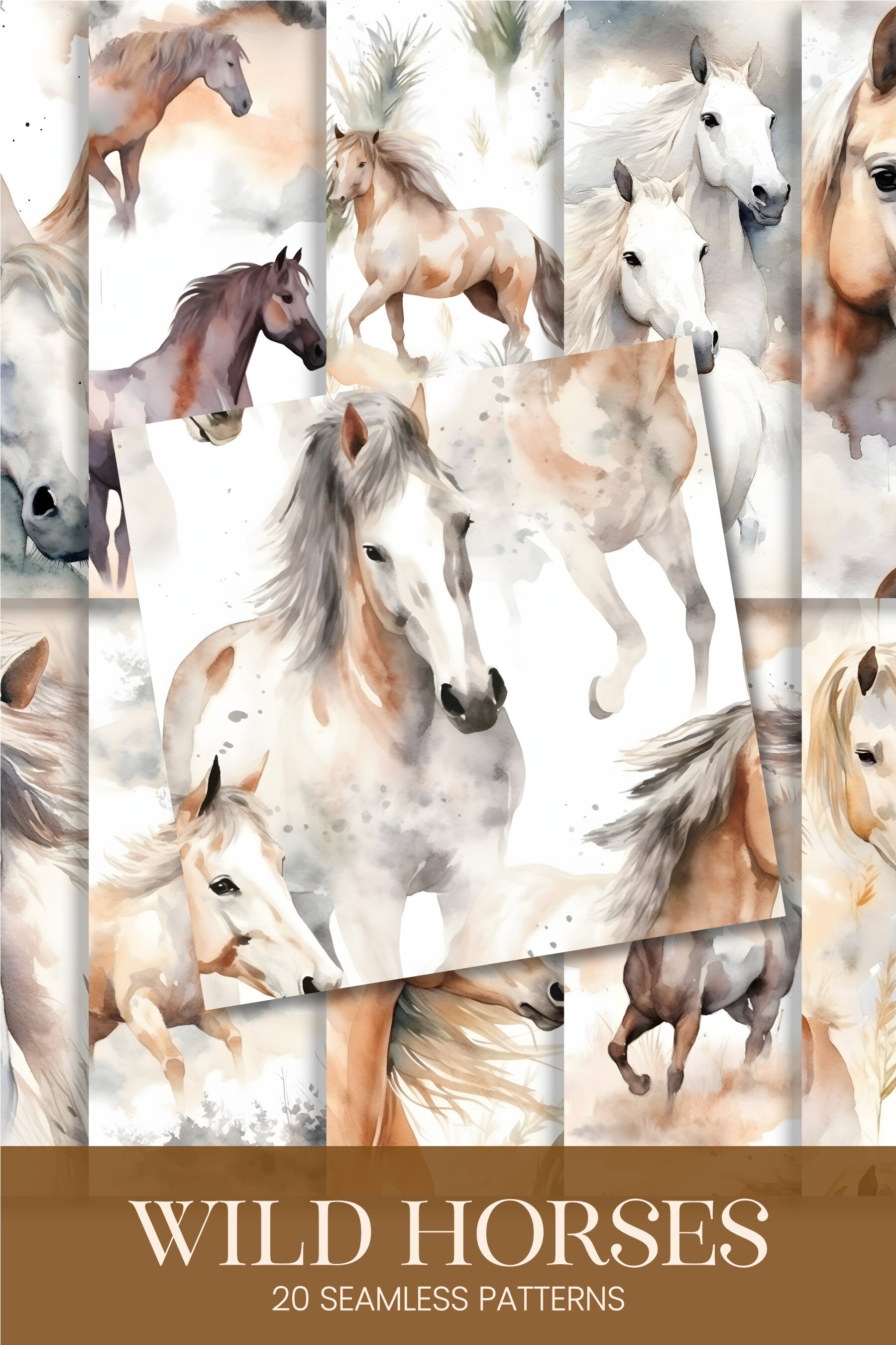 Watercolor Wild Horses Digital Papers, Country Western Seamless ...