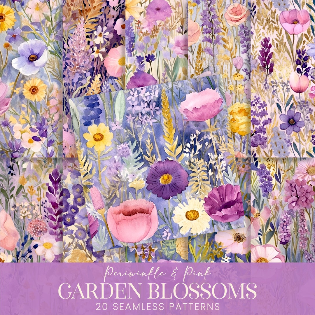 Garden Blossoms Seamless Patterns, Periwinkle Pink Watercolor Floral ...