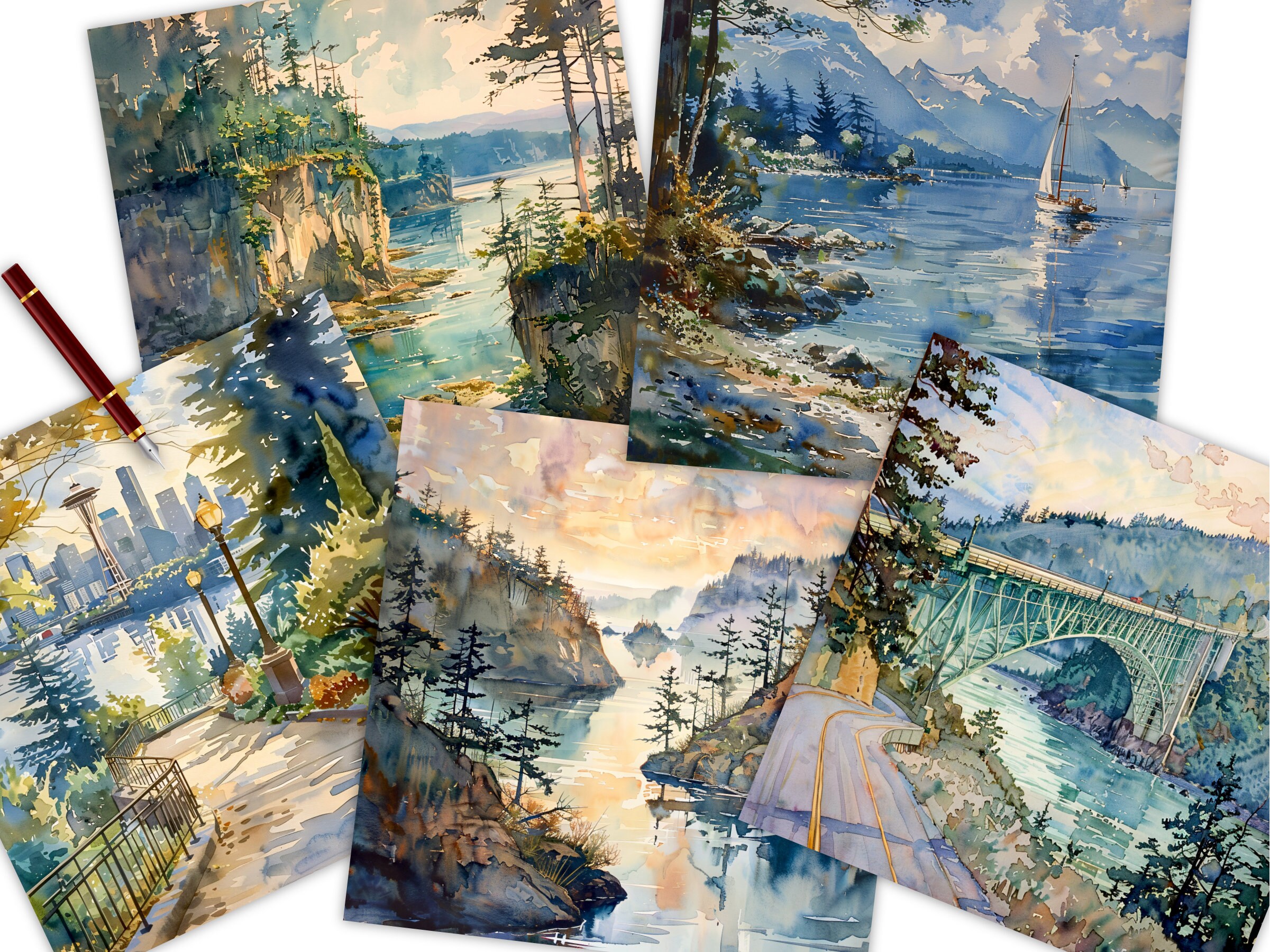 Washington Backgrounds, Watercolor PNW Printable Travel Journal Pages ...