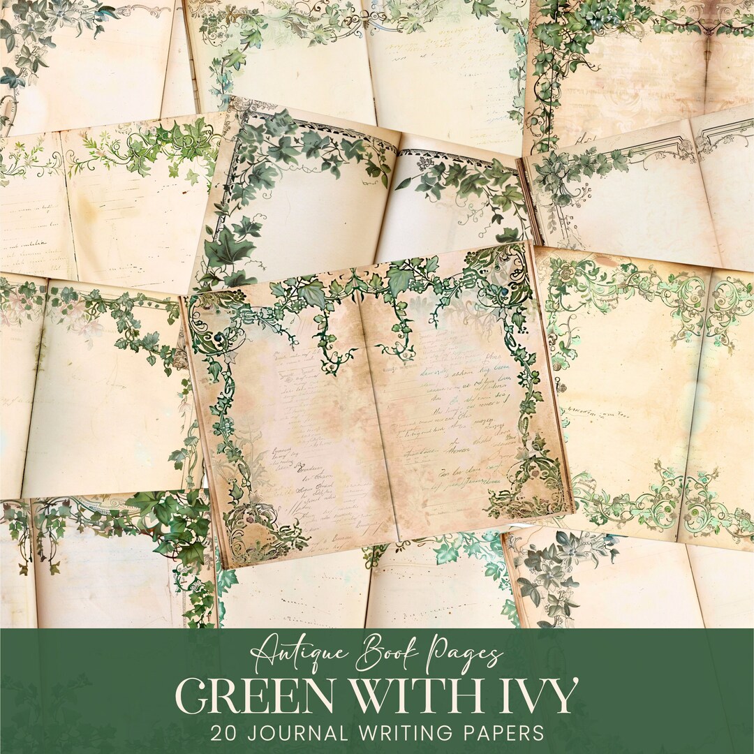 Antique English Ivy Leaves Junk Journal Pages, Green Vines Distressed ...
