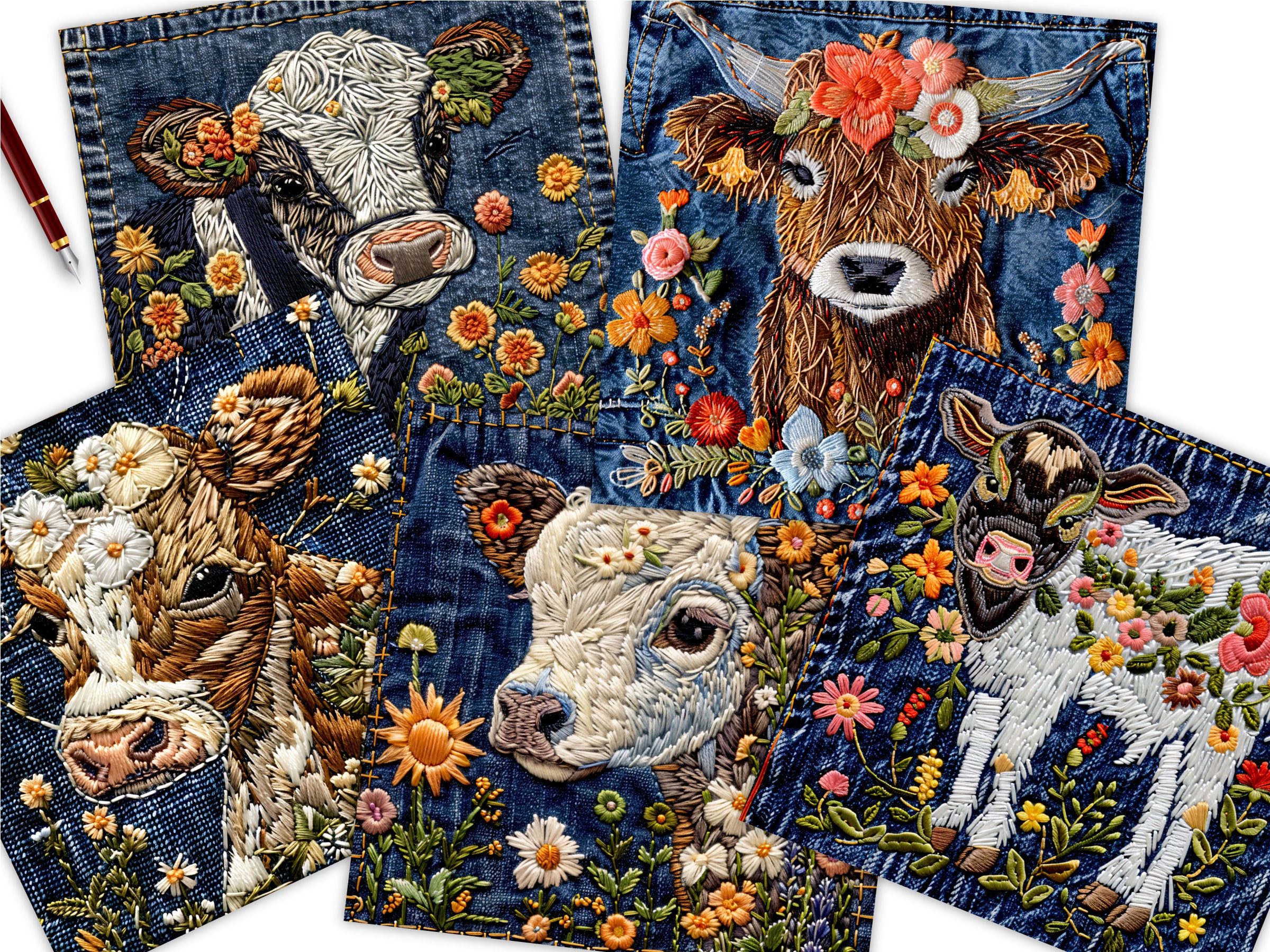 Embroidered Cows Denim Seamless Patterns, Cute Western Highland Cow on ...