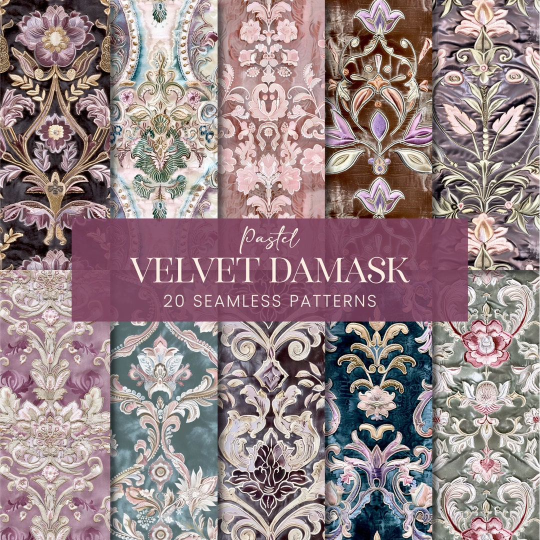 Velvet Damask Seamless Patterns, Soft Pastel Luxury French Print, Glam ...