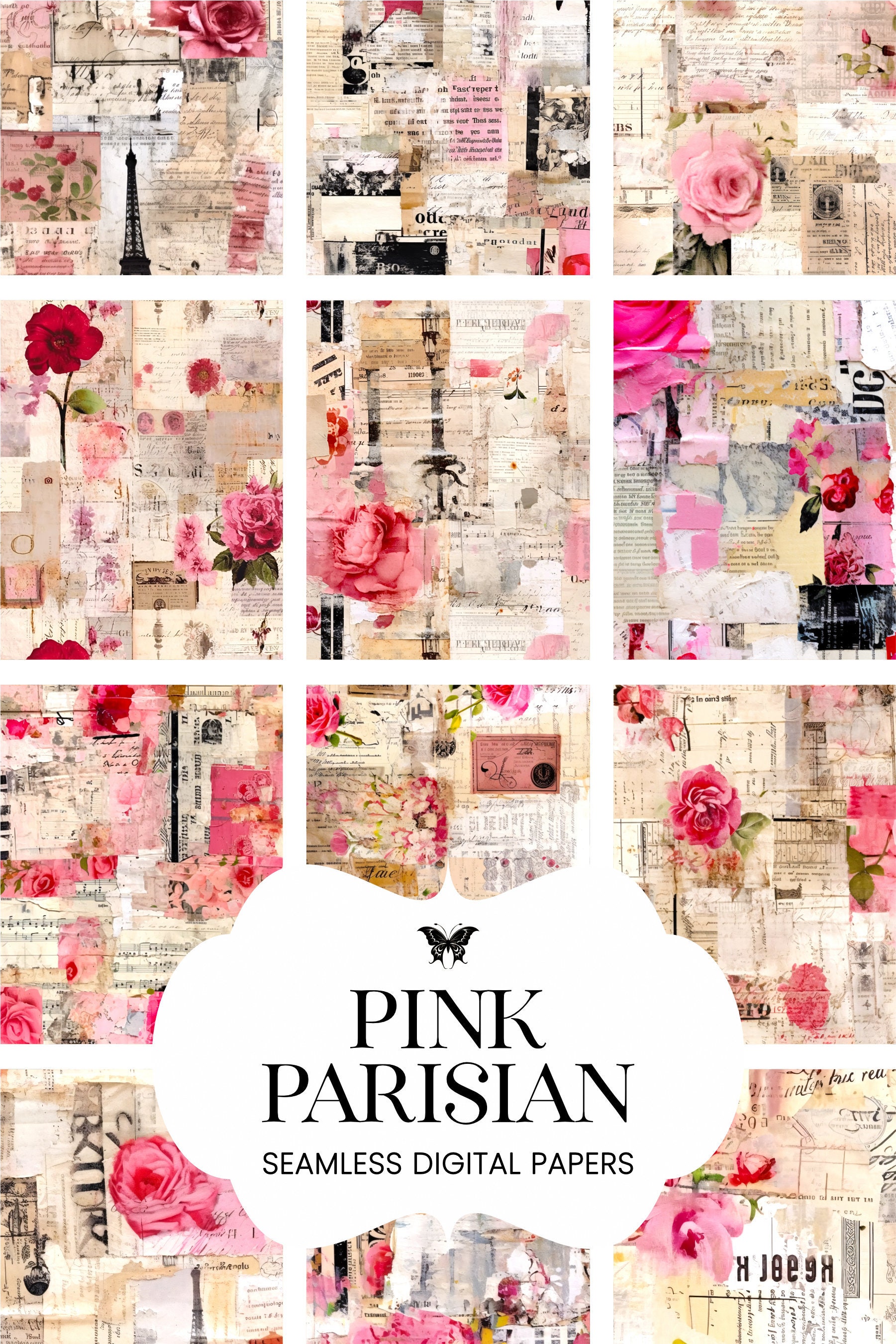 Pink Paris Collage Seamless Patterns, Distressed French Junk Journal ...