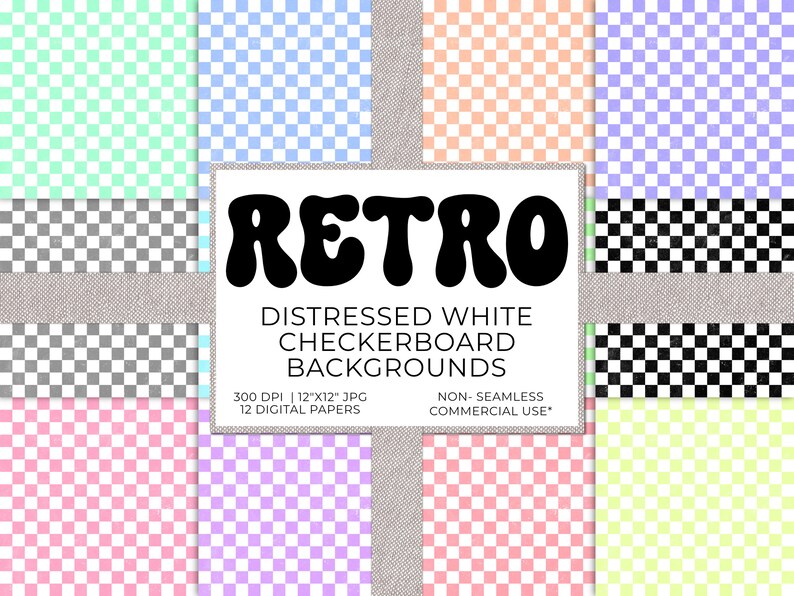 Distressed Checkerboard Digital Papers, Retro White and Colors Square ...