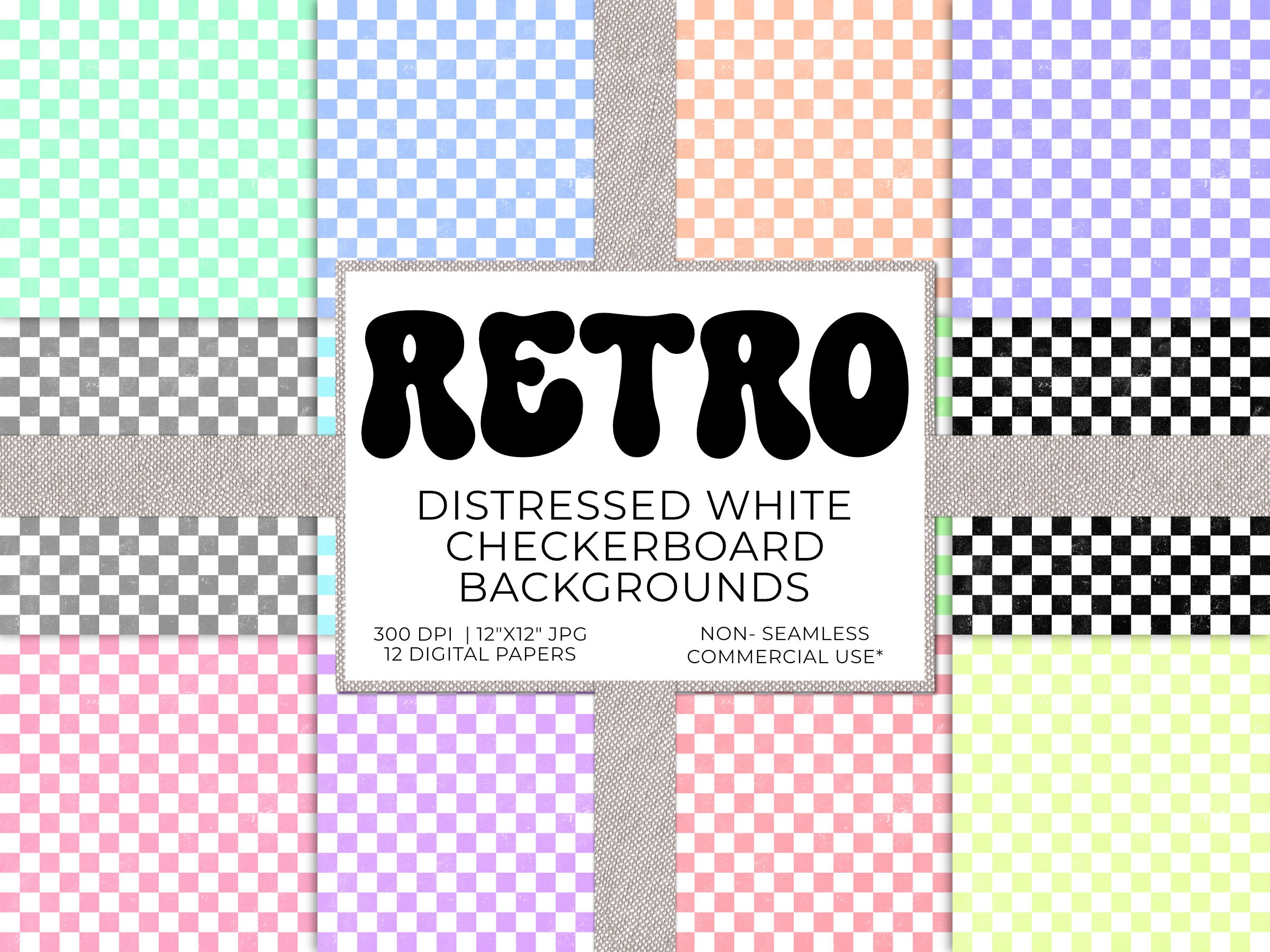Distressed Checkerboard Digital Papers, Retro White and Colors Square ...