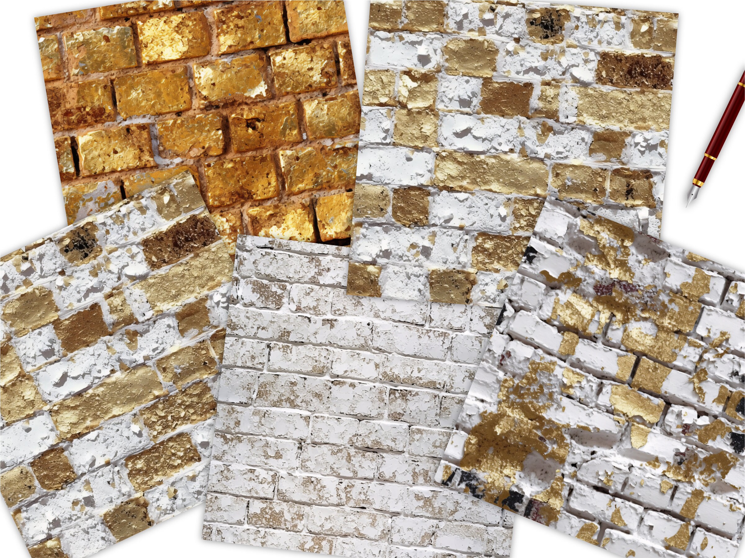White and Gold Brick Seamless Patterns, Grunge Metallic Digital Papers ...