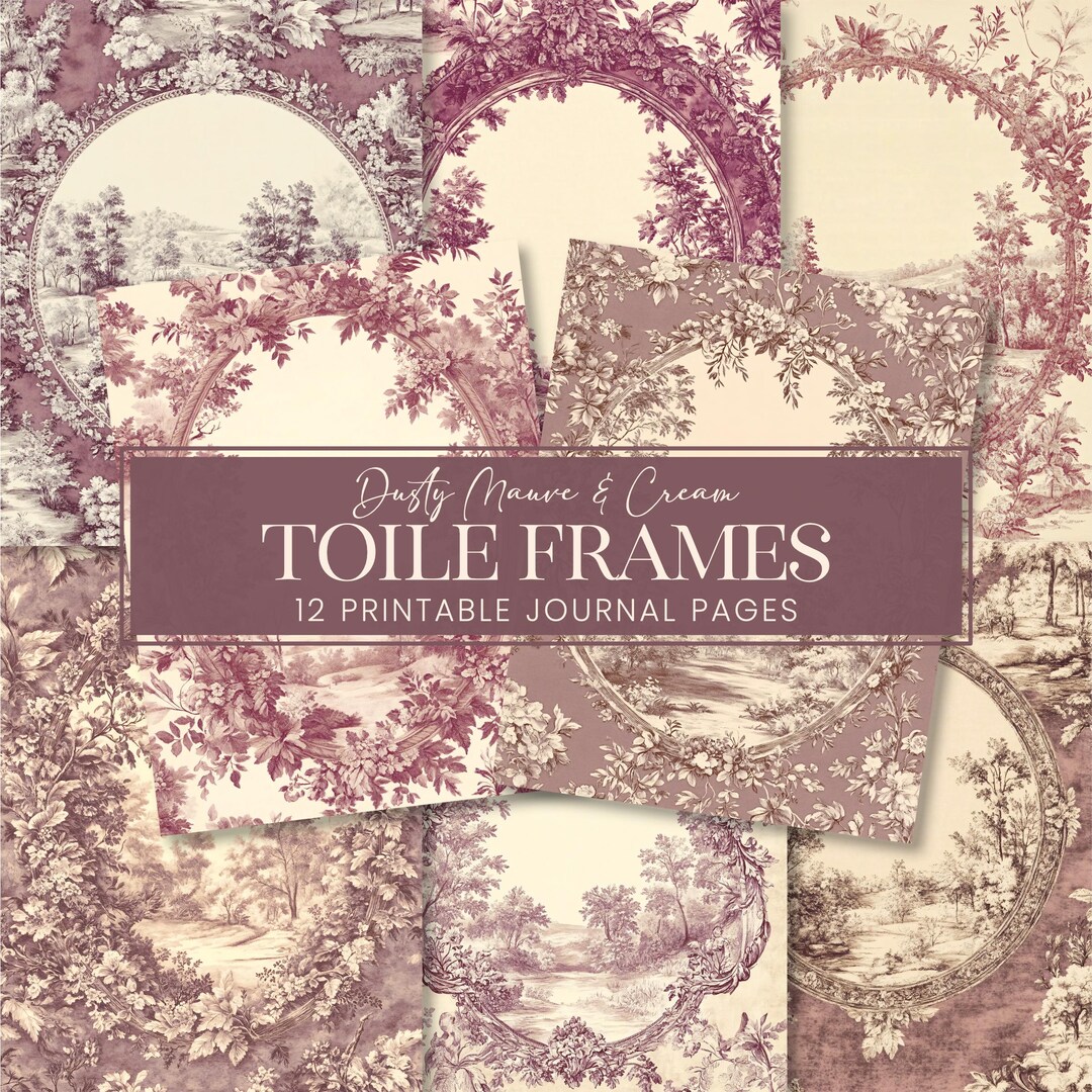 Dusty Mauve Cream Toile De Jouy Frames Journal Pages, Vintage French ...