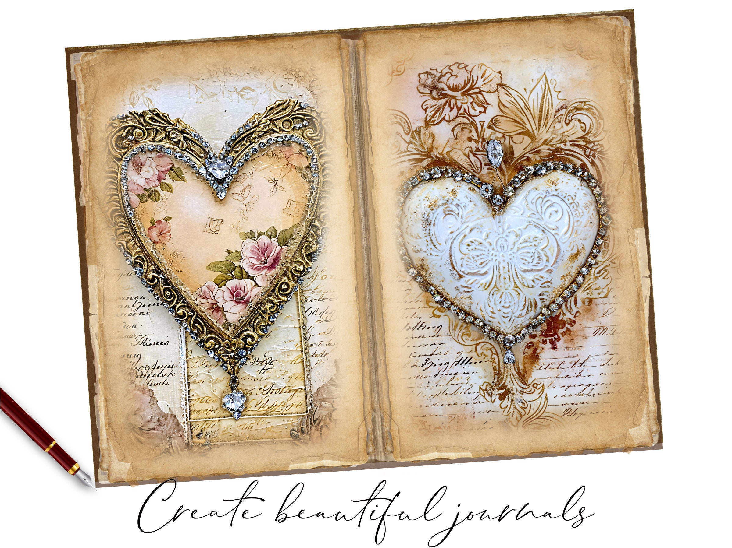 Antique Hearts Junk Journal Pages, Vintage Valentine's Day Digital ...