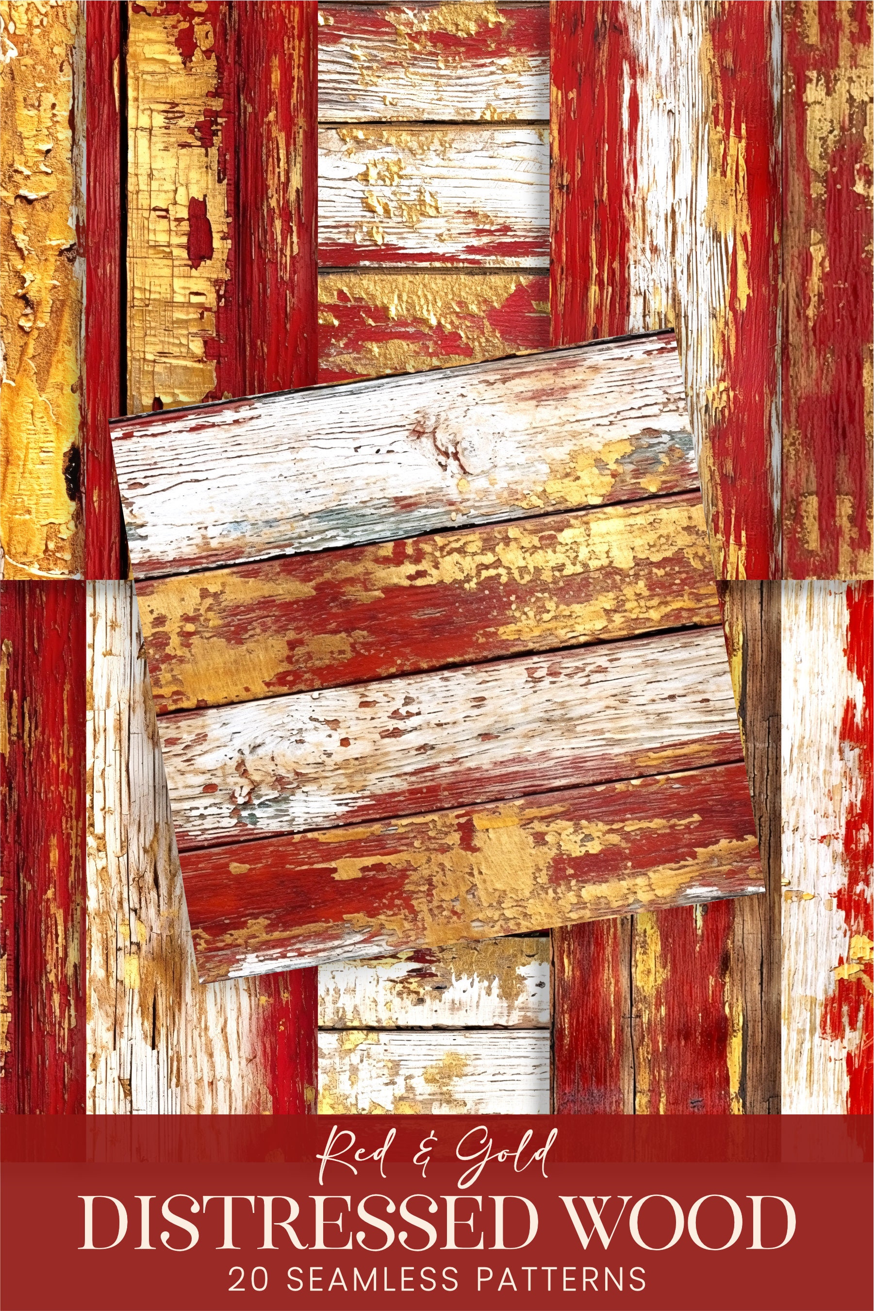 Red and Gold Wood Seamless Patterns, Rustic Crimson Painted Farmhouse ...