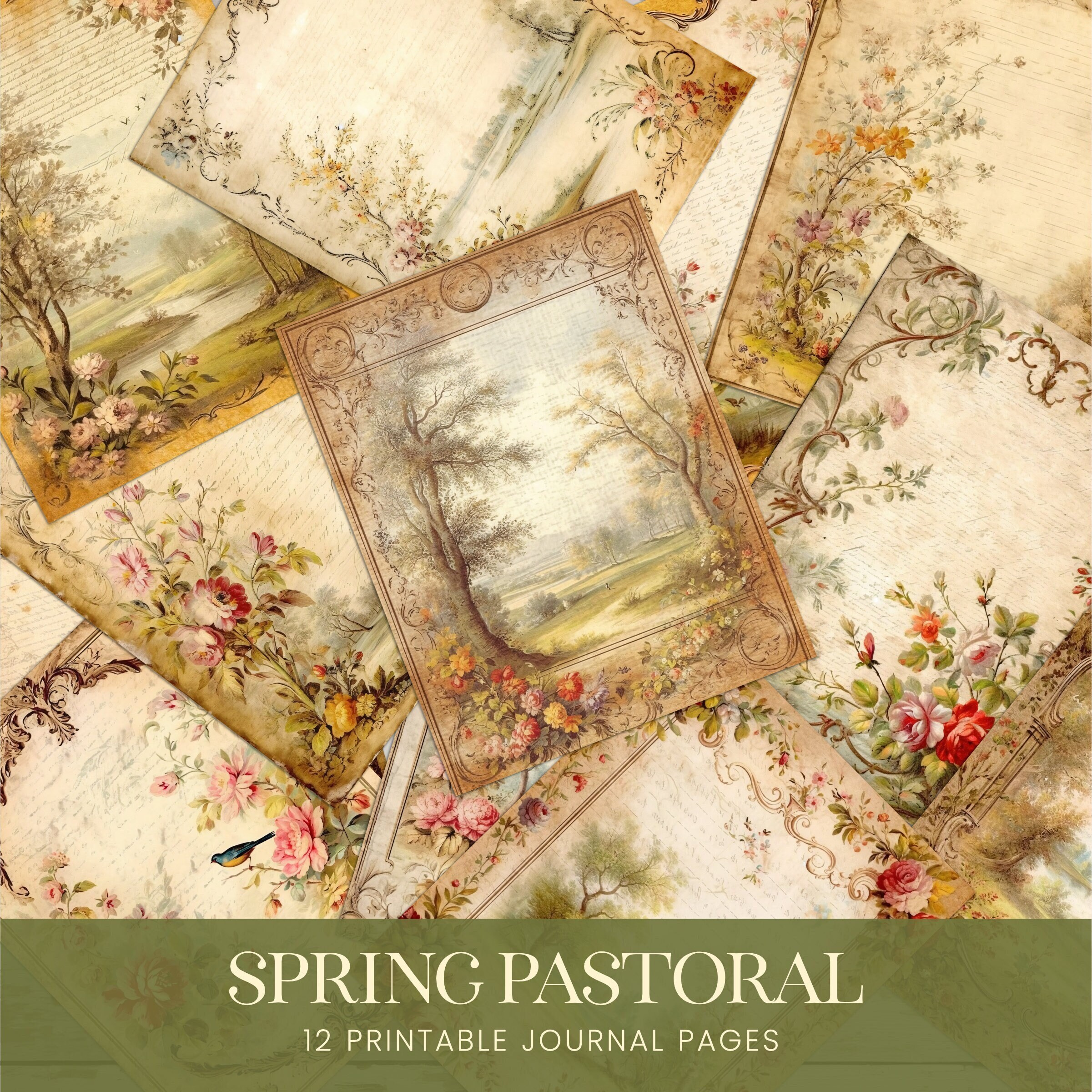Spring Landscapes Junk Journal Pages, Antique Pastoral Scenes Digital ...
