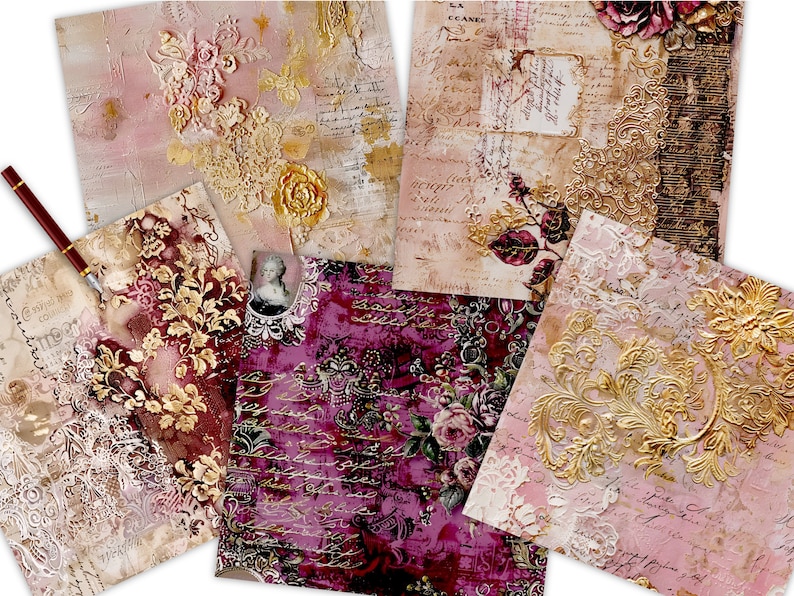 Dusty Rose Rococo Seamless Patterns, Luxury Grunge Stucco Plaster ...