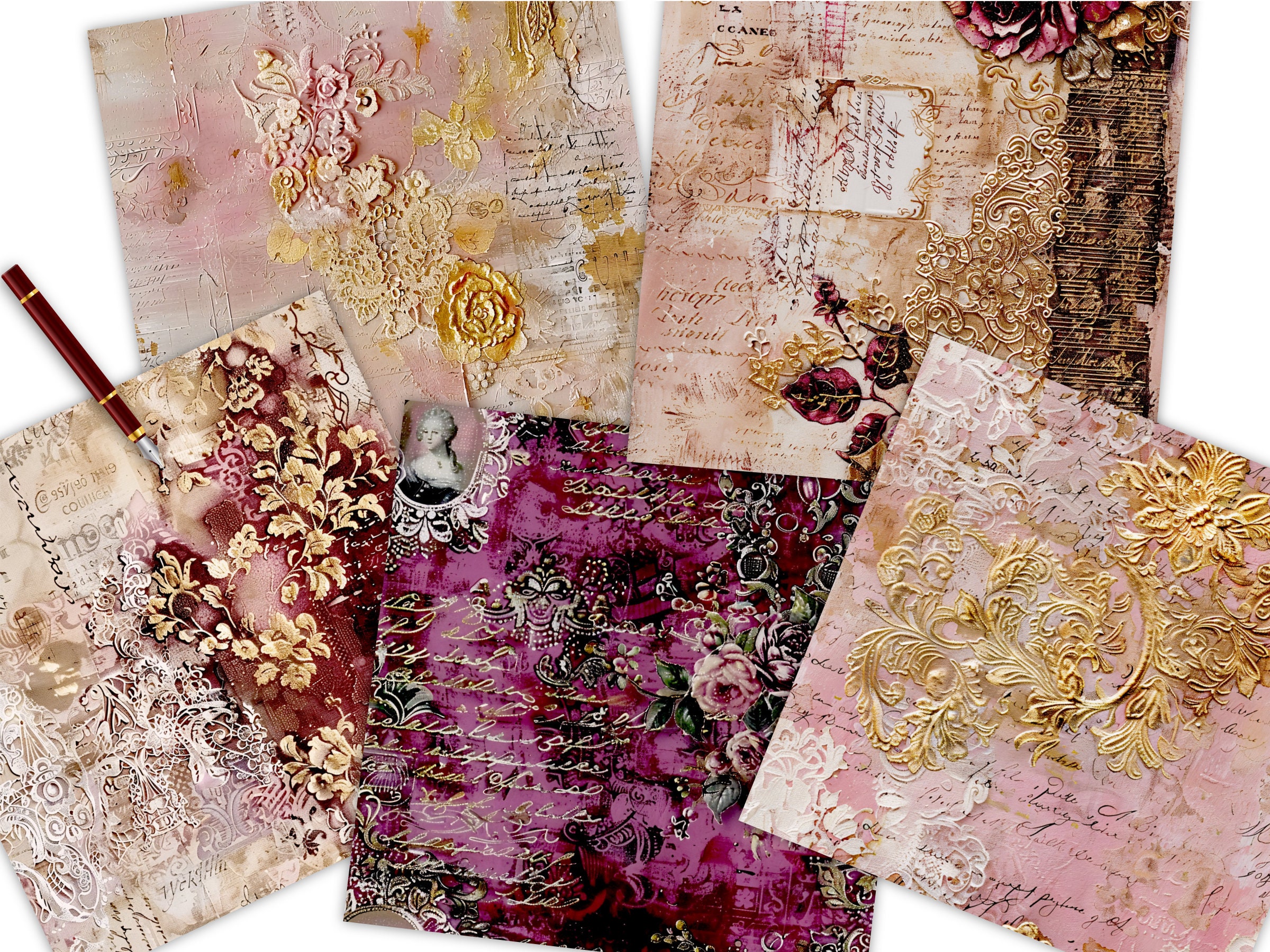 Dusty Rose Rococo Seamless Patterns, Luxury Grunge Stucco Plaster ...