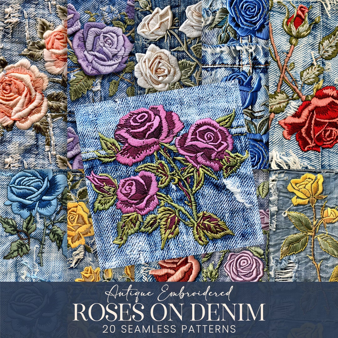 Embroidered Rose Blossoms on Denim Seamless Patterns, Antique Flowers ...