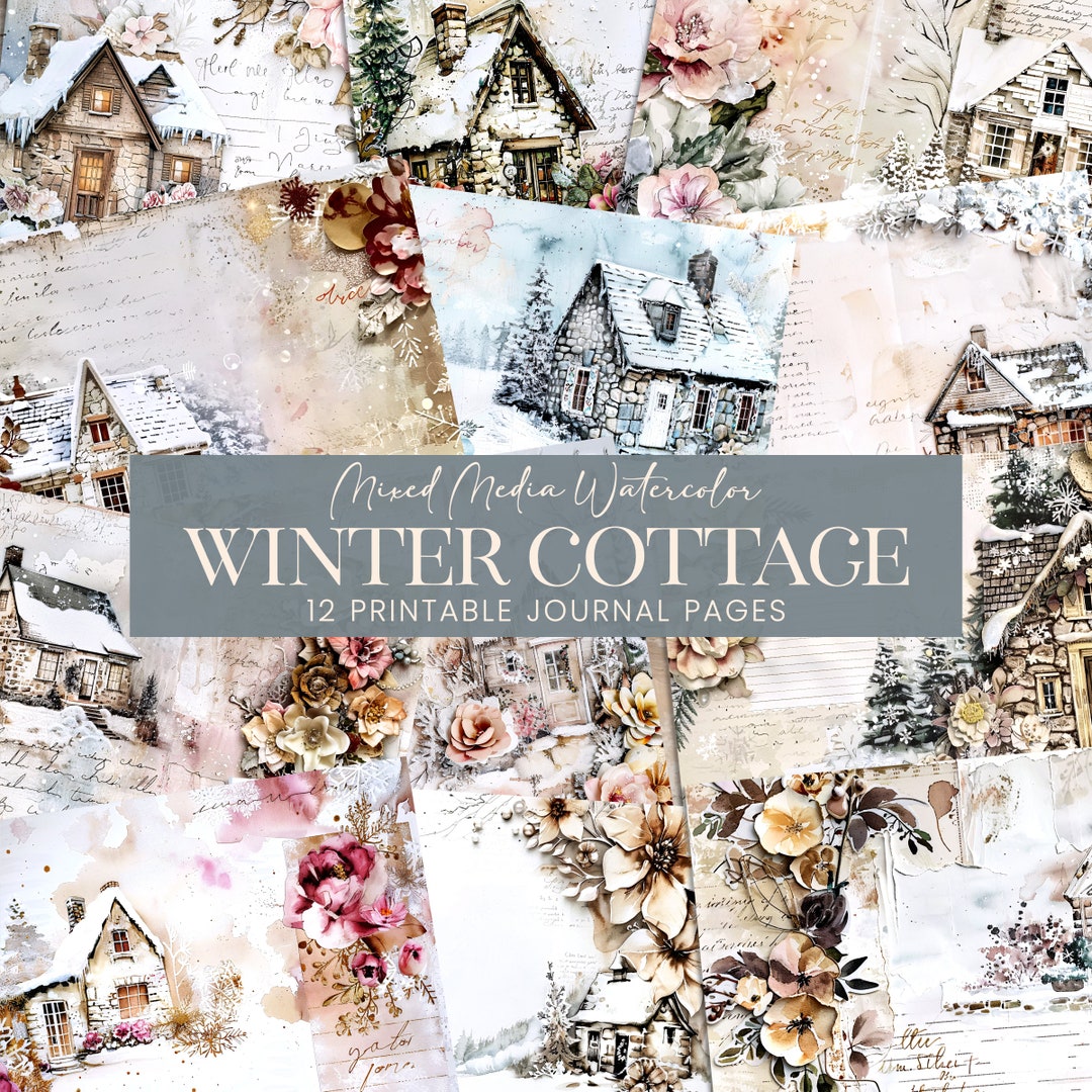 Winter Cottages Journal Pages, Watercolor Florals Writing Paper Cozy ...