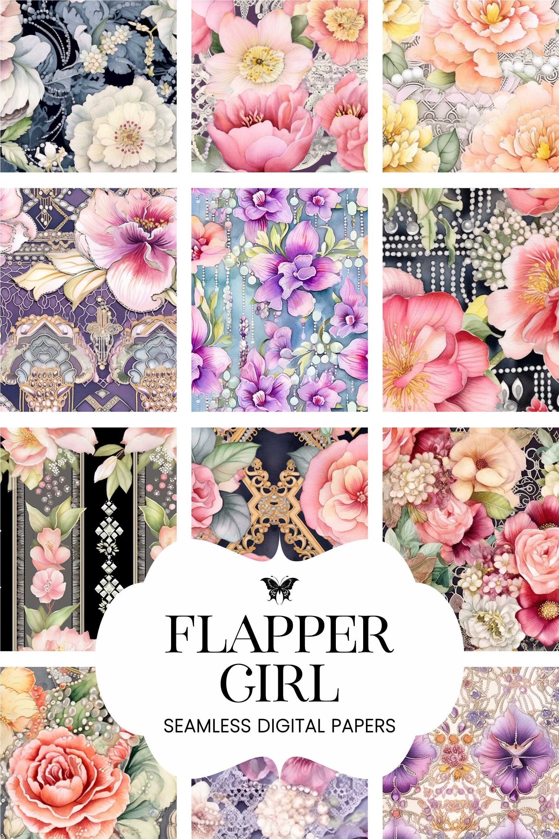 Flapper Girl Floral Seamless Patterns, Roaring 1920s Lace Pearls ...