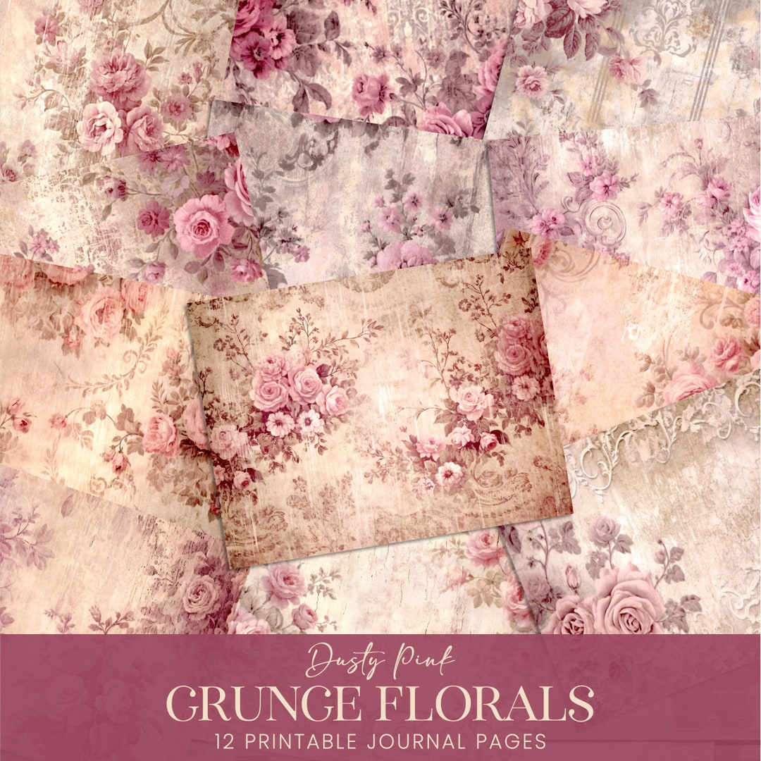 Dusty Pink Floral Junk Journal Pages, Mauve Grunge Flowers Lace Digital ...