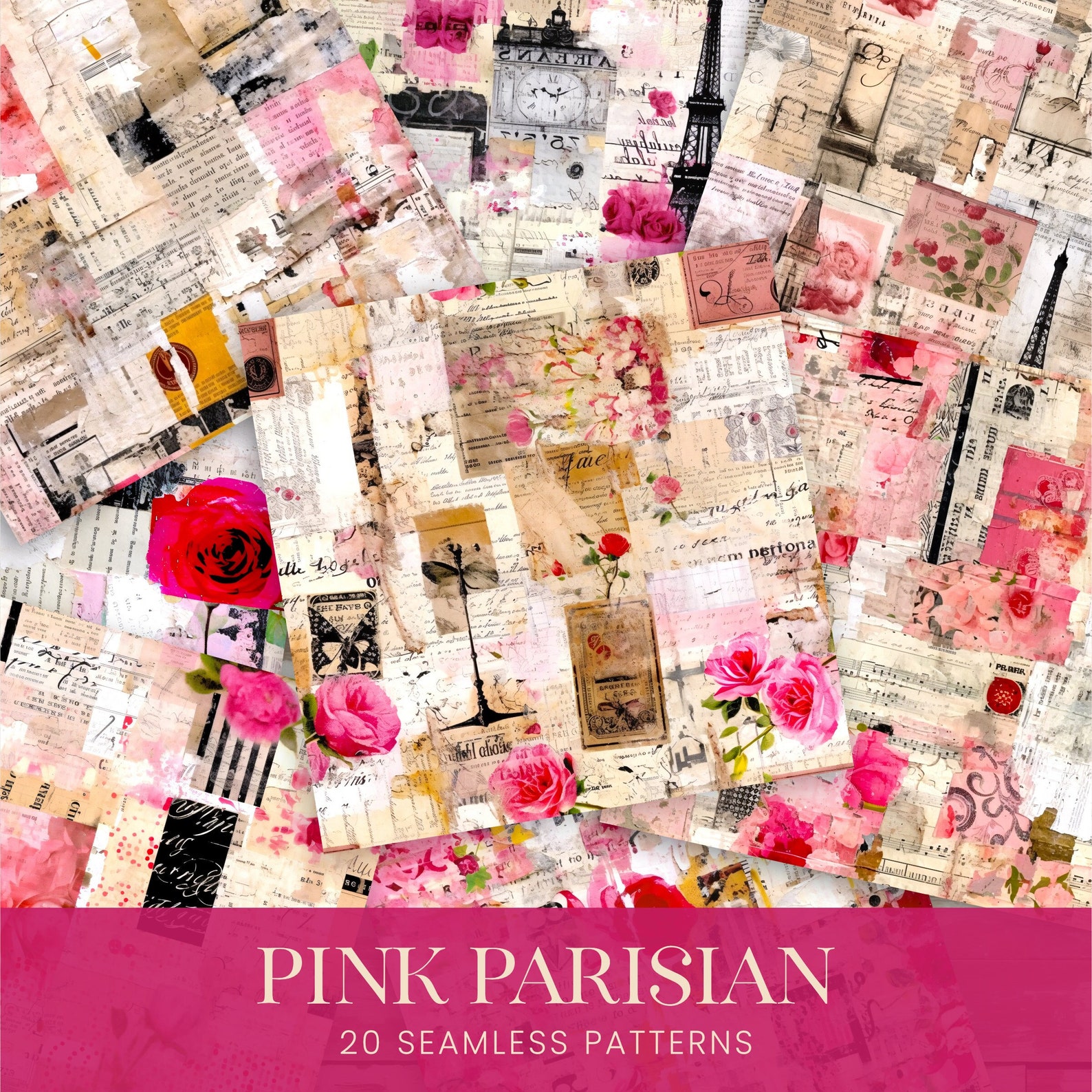 Pink Paris Collage Seamless Patterns, Distressed French Junk Journal ...