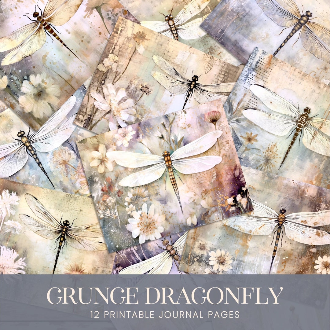 Dragonfly Junk Journal Pages, Grunge Plaster Insect Watercolor Digital ...