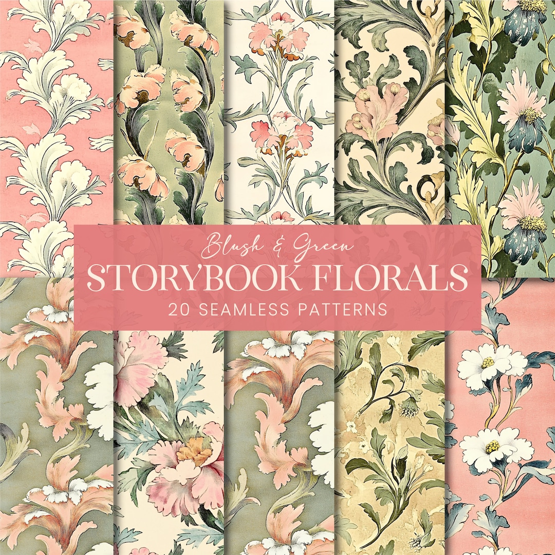 Storybook Florals Seamless Patterns, Antique Fairytale Blush Pink Green ...