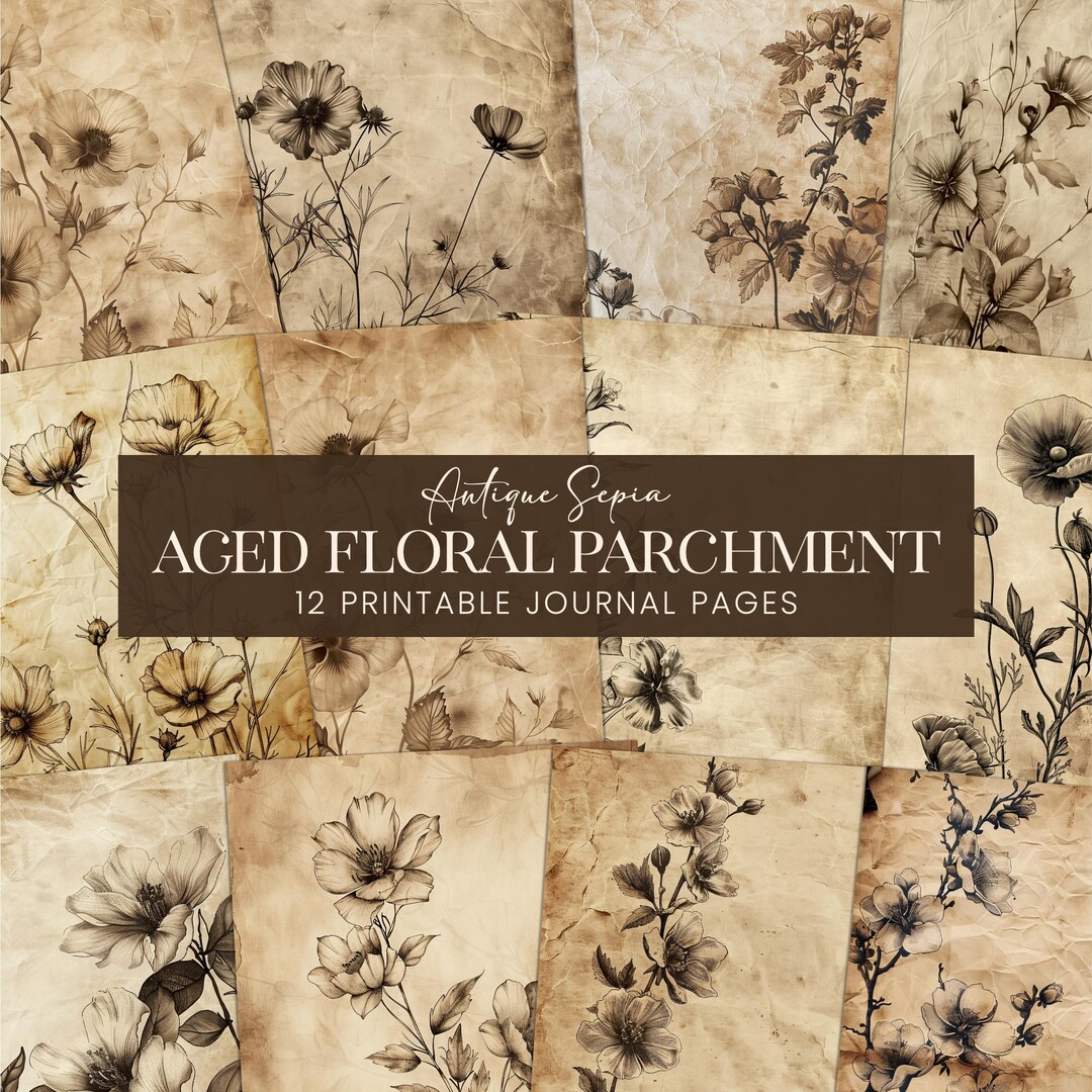 Antique Floral Parchment Journal Pages, Old Worn Paper Wildflower ...