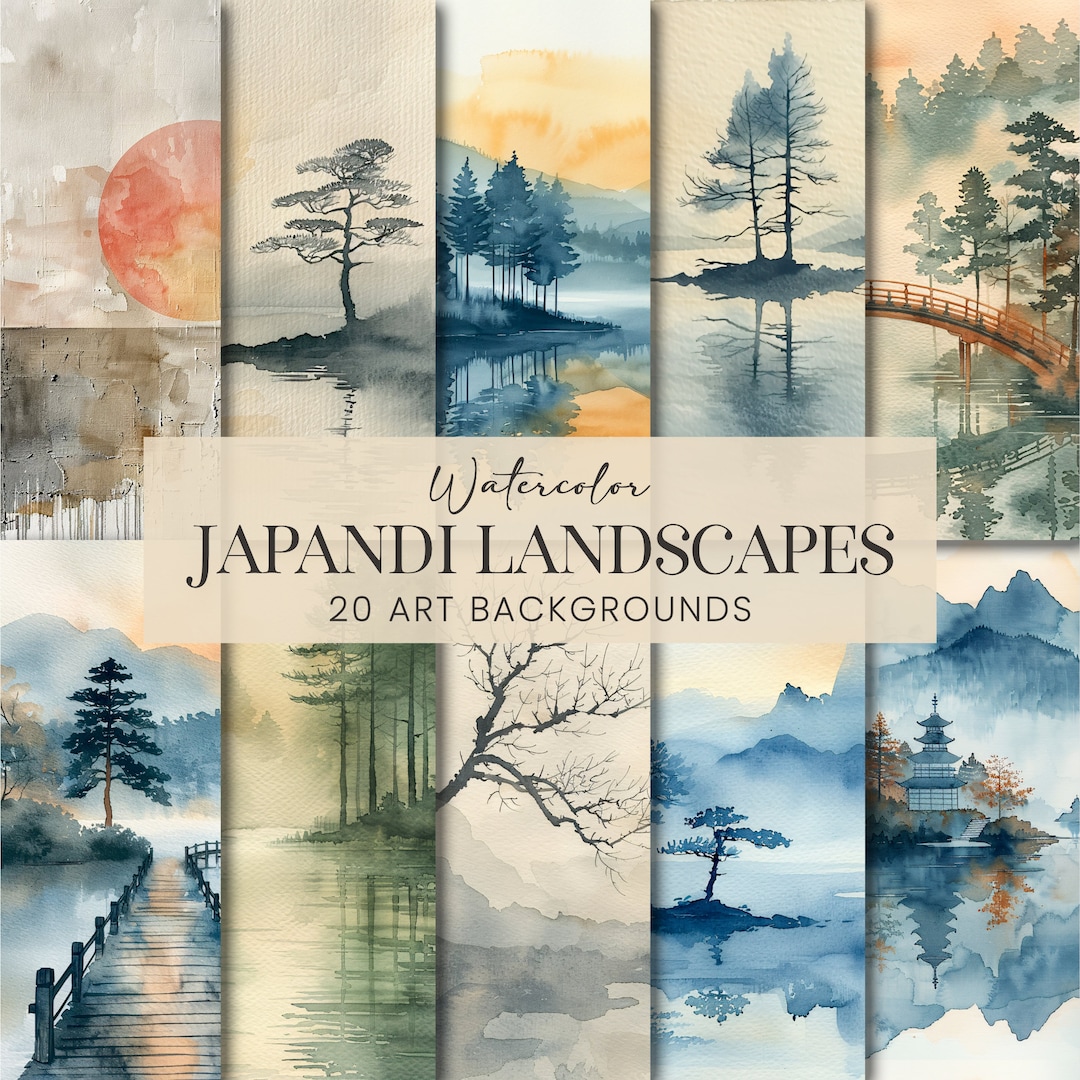 Japandi Art Landscapes Backgrounds, Watercolor Nature Scenes Printable ...