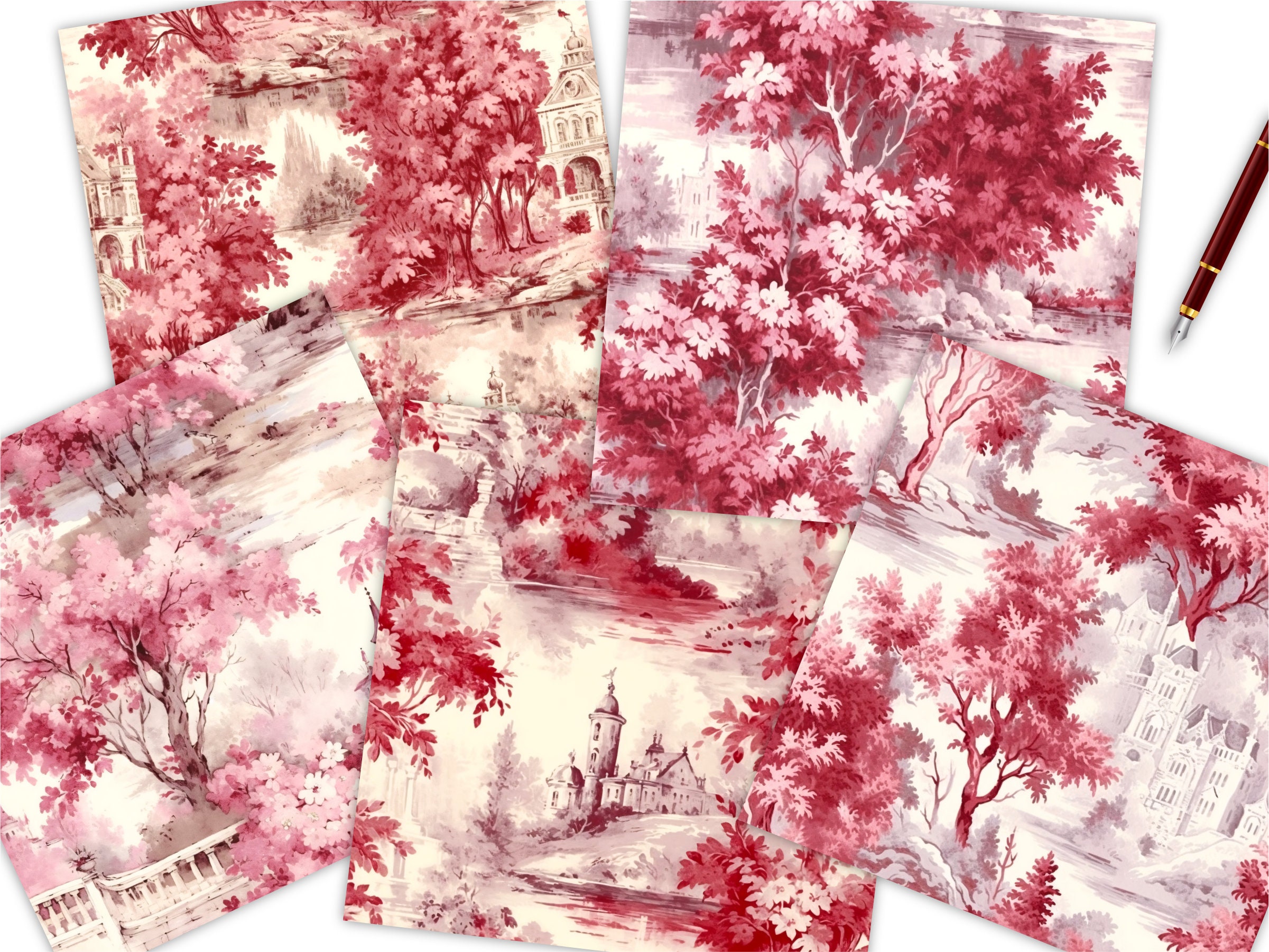 Red French Toile Seamless Patterns, Scarlet French Country Wallpaper ...