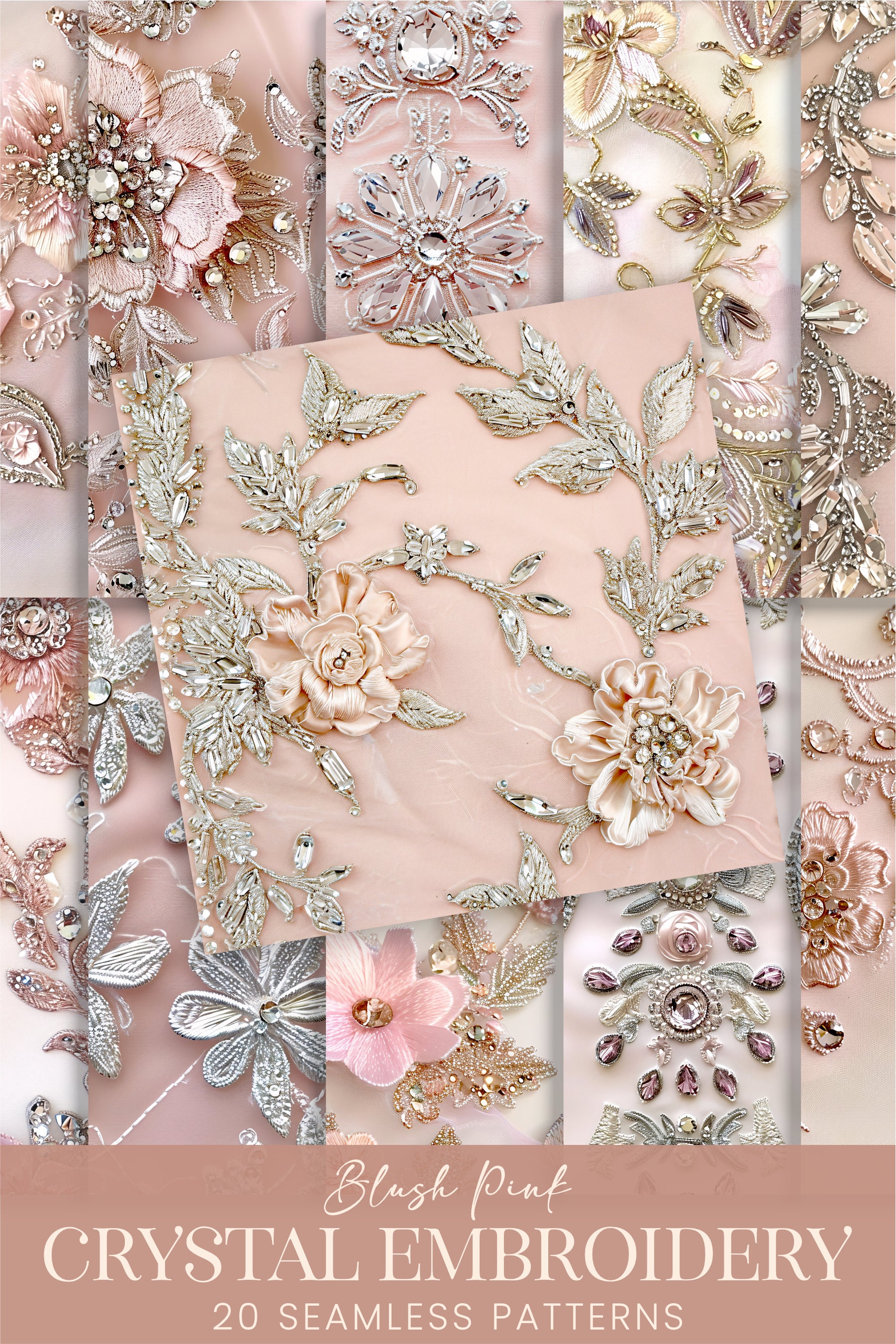 Crystal Embroidered Satin Texture Seamless Patterns, Blush Pink Florals ...