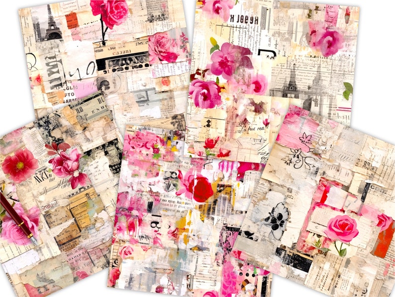 Pink Paris Collage Seamless Patterns, Distressed French Junk Journal ...