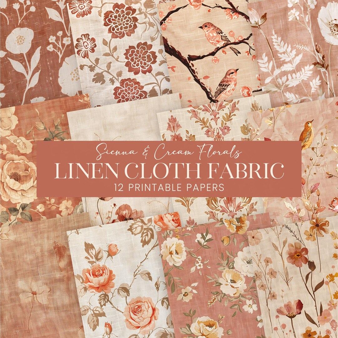 Sienna Floral Fabric Scrapbook Papers, Ivory Chinoiserie Blossoms Linen ...