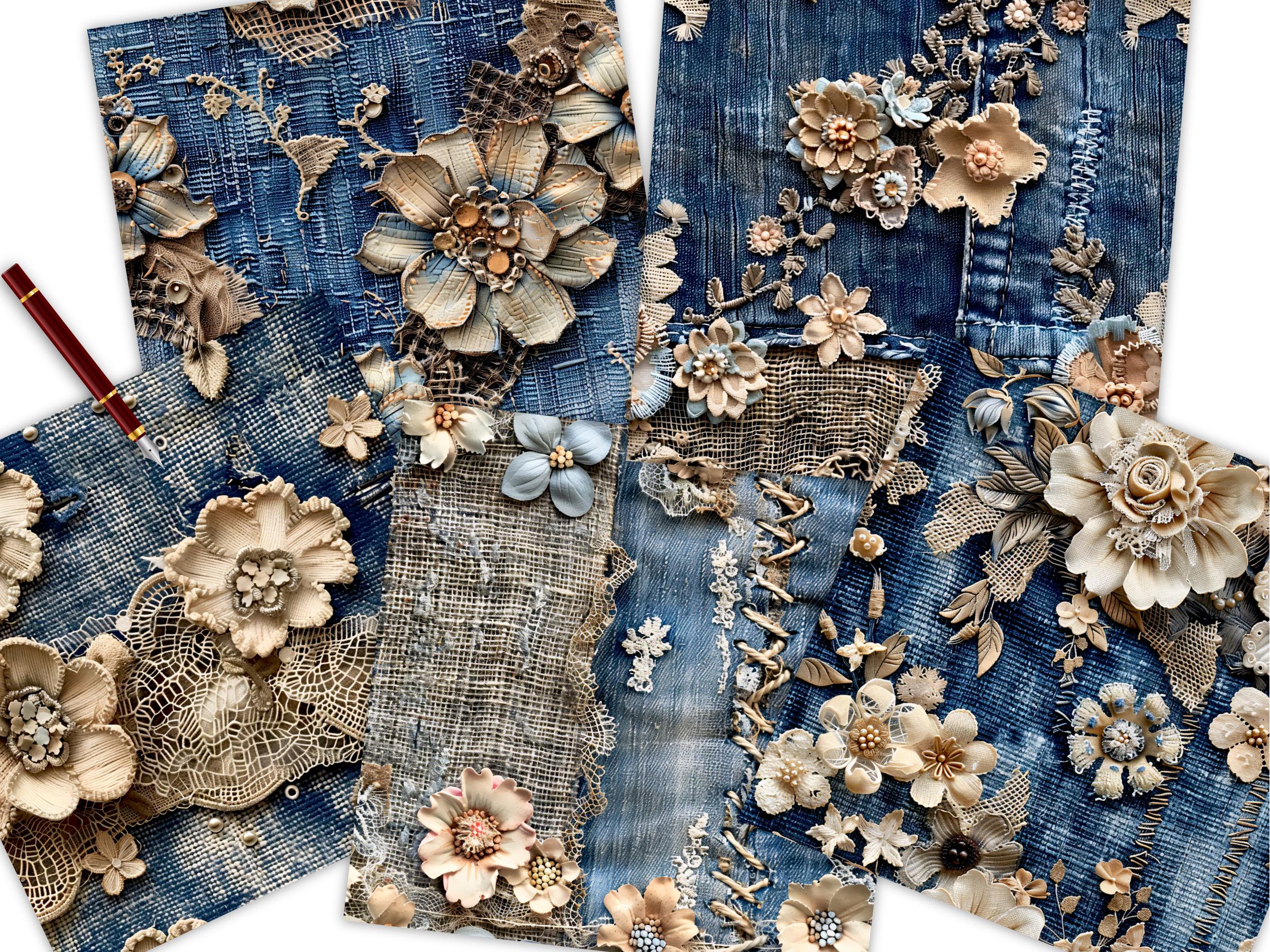 Denim Burlap Floral Seamless Patterns, Distressed Blue Jeans Fabric ...