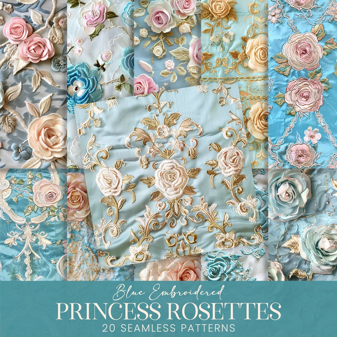 Princess Rosettes Seamless Patterns, Embroidered Blue Satin Printable ...
