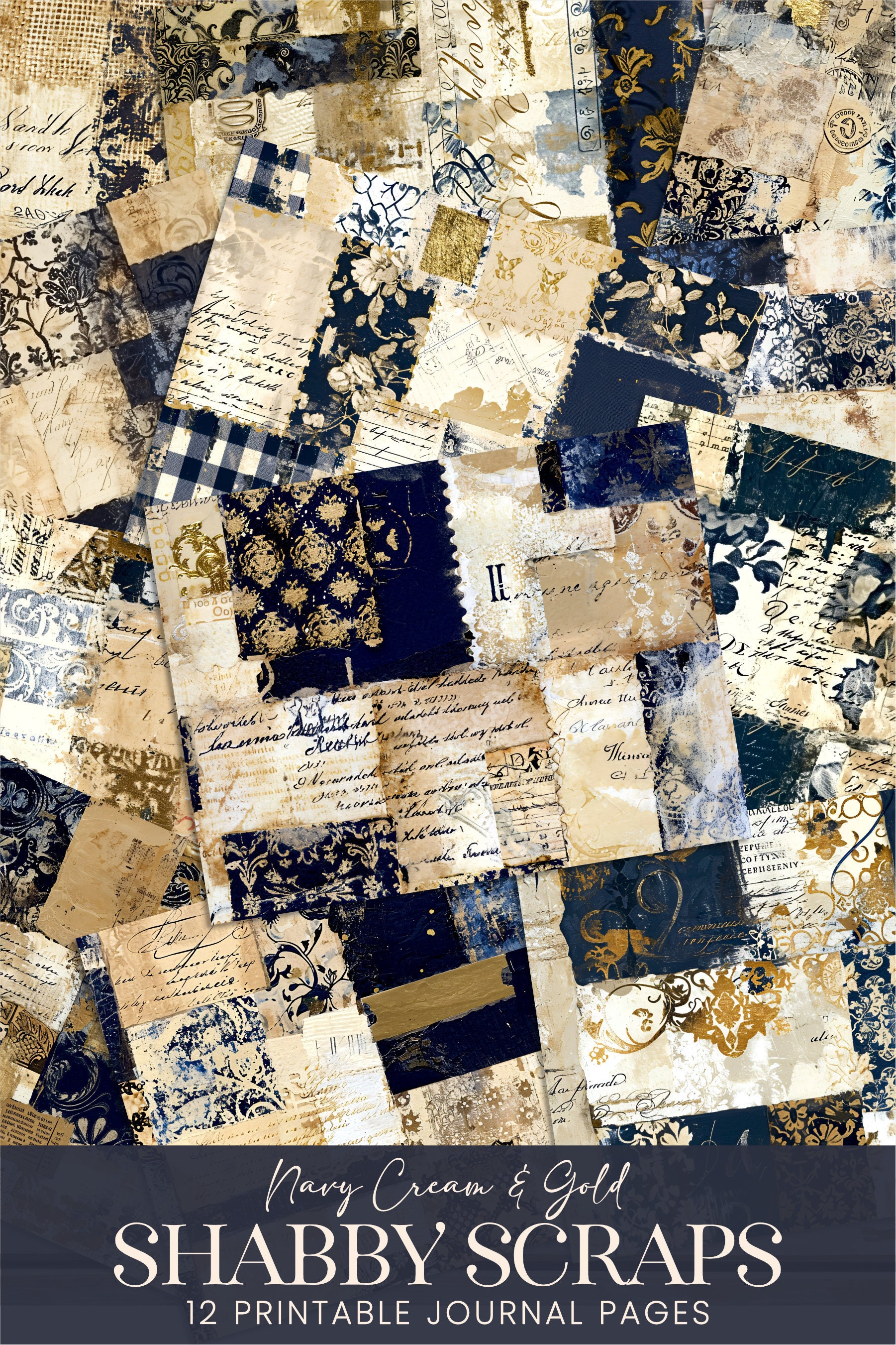 Navy Blue Junk Journal Scraps, Cream Gold Shabby Digital Papers, Grunge ...