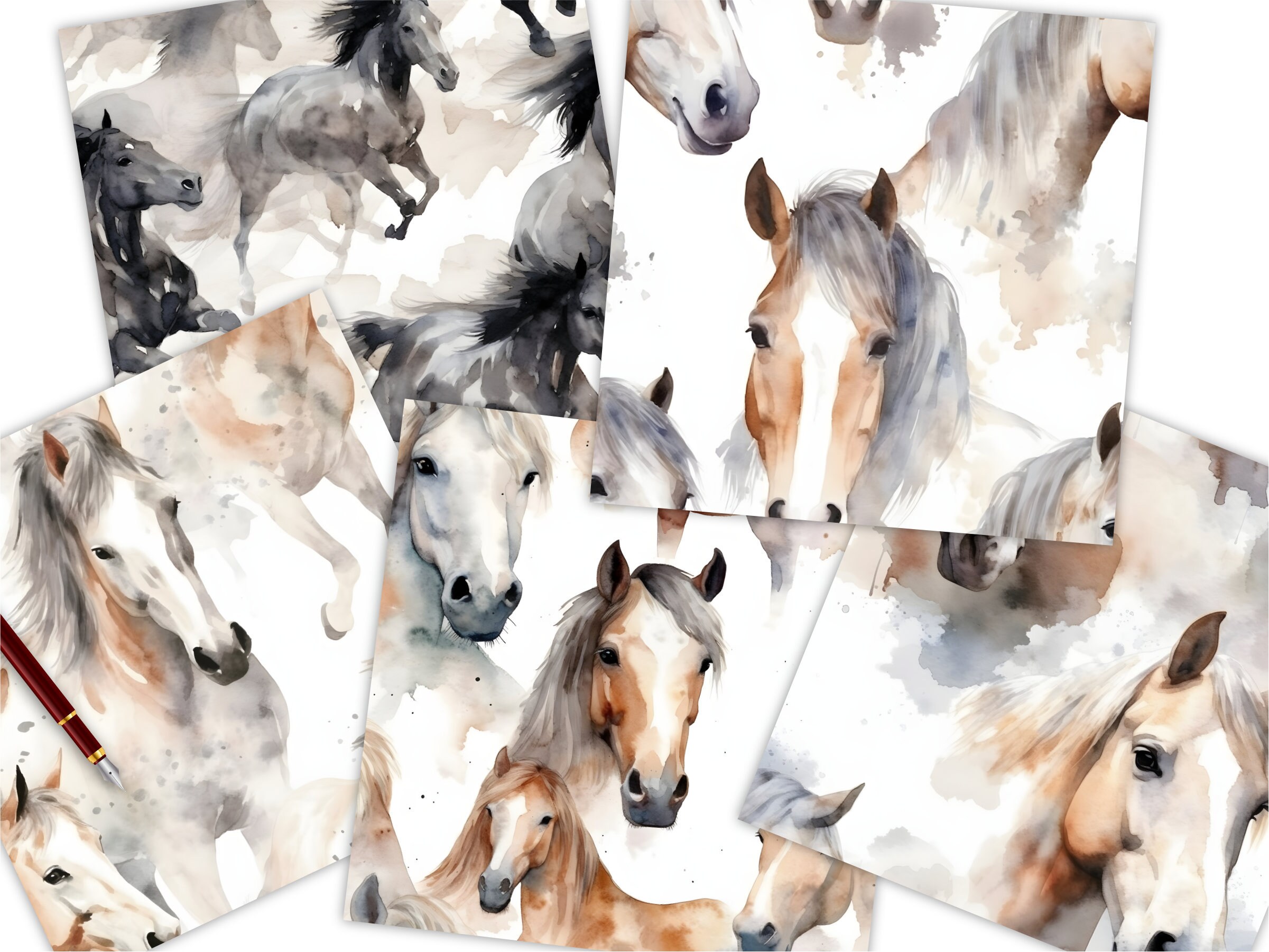 Watercolor Wild Horses Digital Papers, Country Western Seamless ...