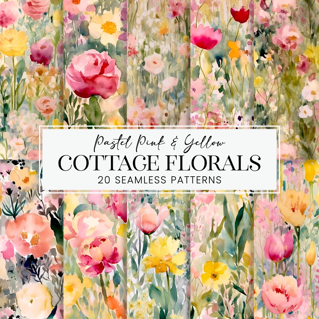 Pastel Pink Floral Seamless Patterns, Blush Yellow Watercolor Flowers ...