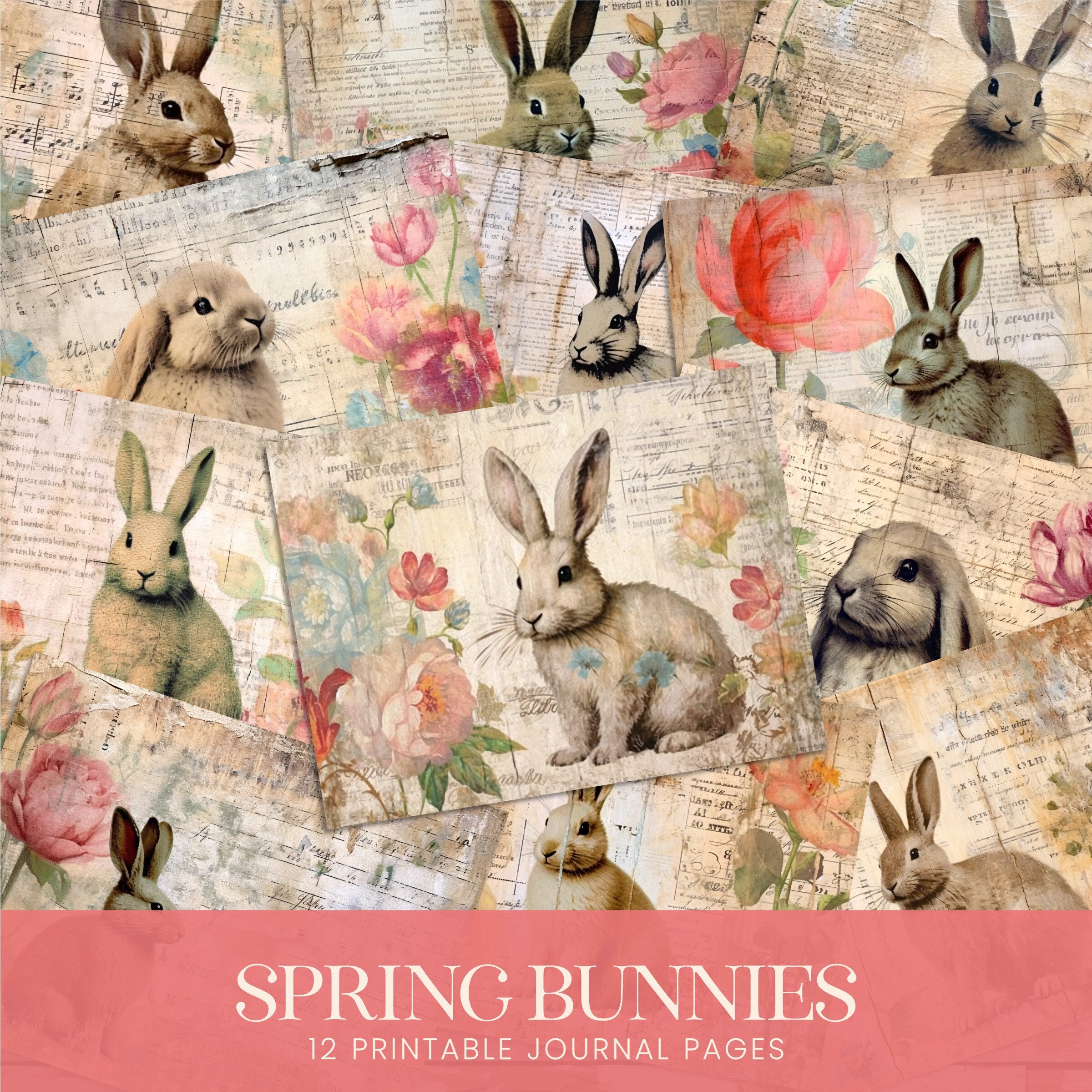 Spring Bunnies Junk Journal Pages, Antique Rabbits Distressed ...