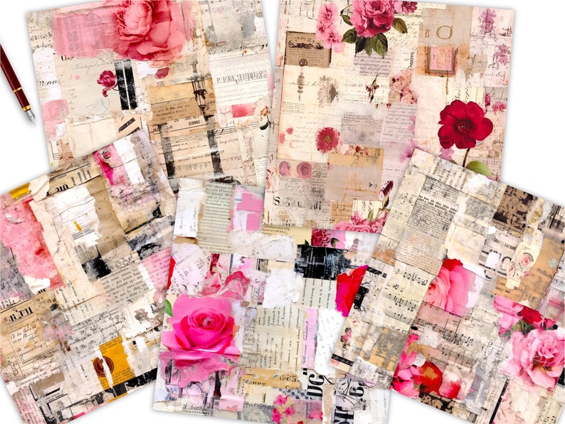 Pink Paris Collage Seamless Patterns, Distressed French Junk Journal ...