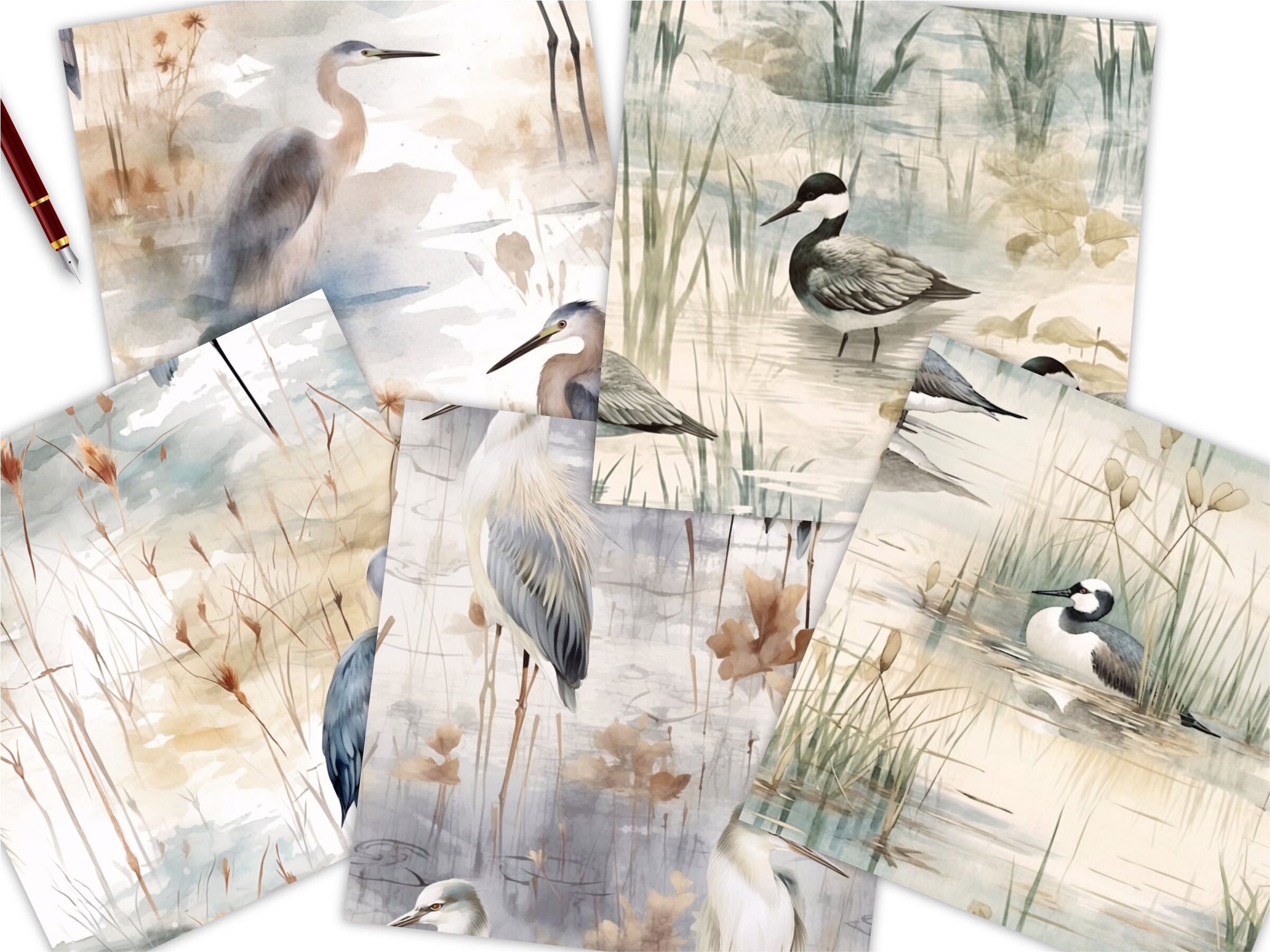Water Fowl Seamless Patterns, Herons Egrets Storks Digital Papers ...