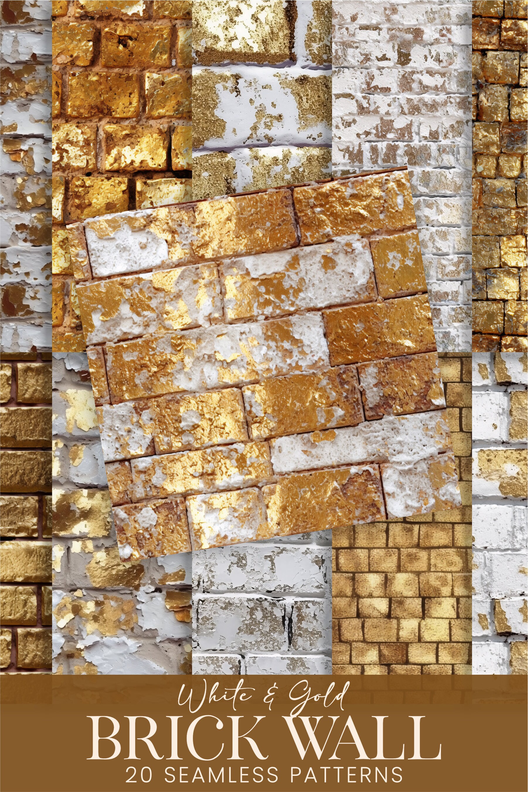 White and Gold Brick Seamless Patterns, Grunge Metallic Digital Papers ...