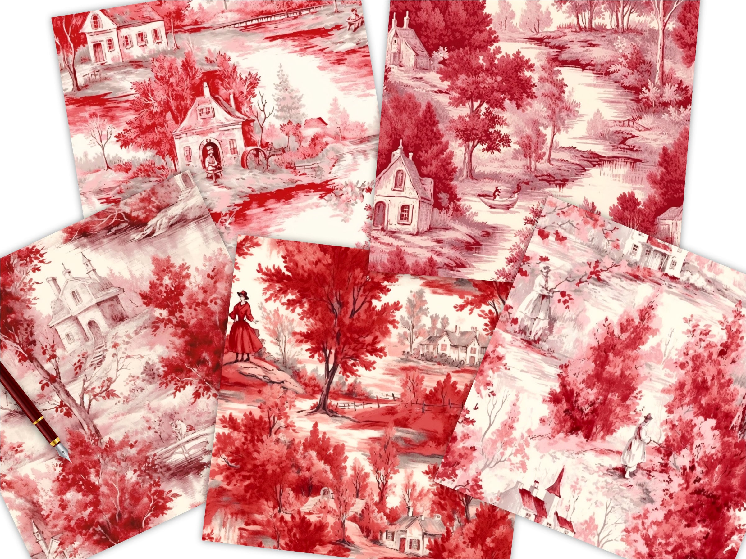Red French Toile Seamless Patterns, Scarlet French Country Wallpaper ...