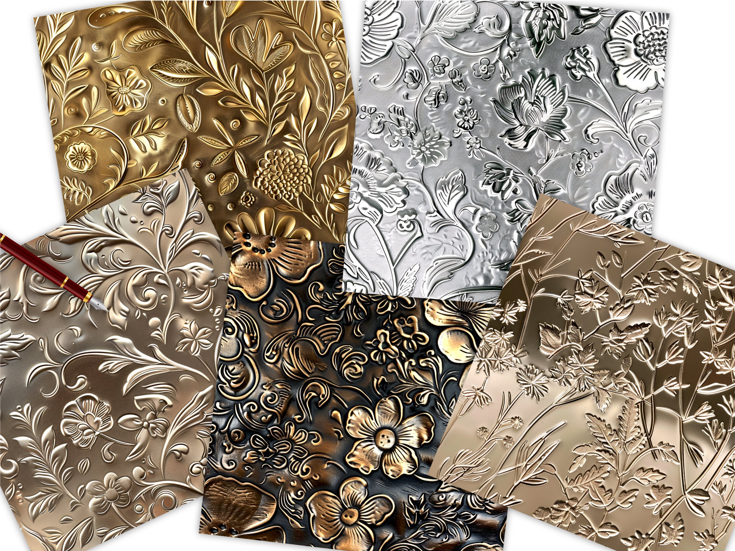 Embossed Florals on Tin Seamless Patterns, Luxury Metal Printable ...
